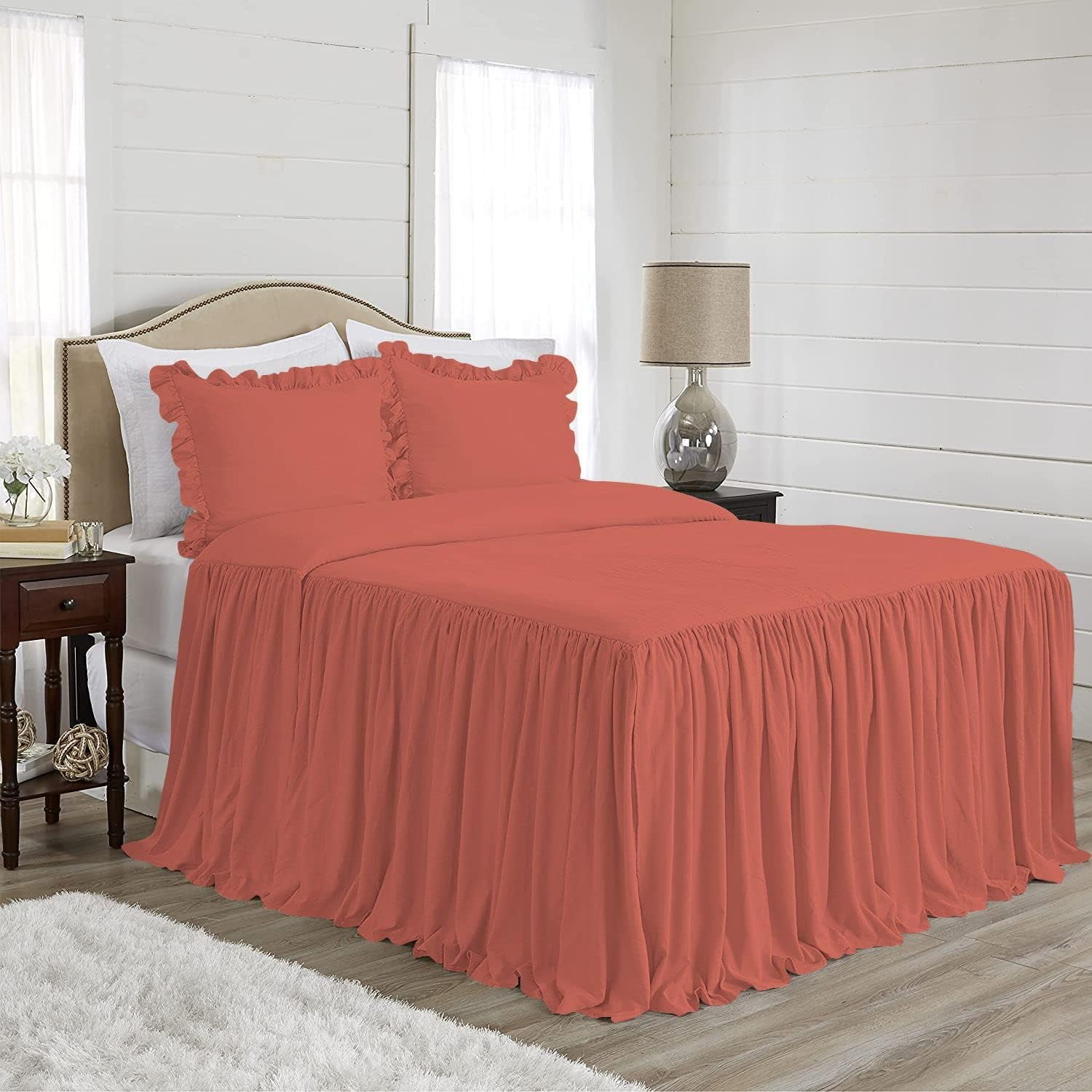 DNG Creations 4-Piece Long Ruffle Sheet Set 6-Inch Deep Pocket (Solid Brick Red - Queen ...