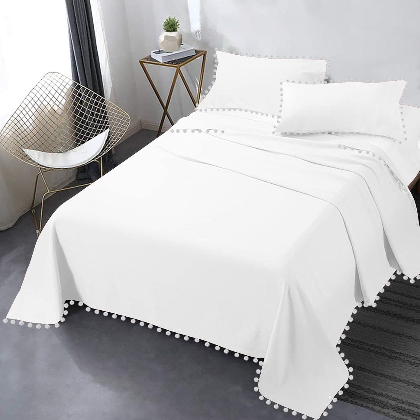 DNG Creations 4 Piece Pom Pom Sheet Set 100% Egyptian Cotton, White Pom ...
