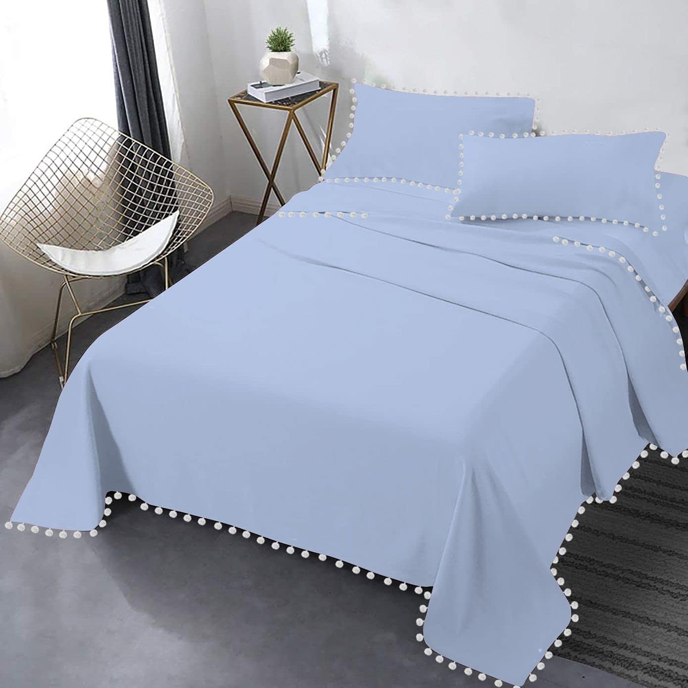 DNG Creations 4 Piece Pom Pom Sheet Set 100% Egyptian Cotton, White Pom ...