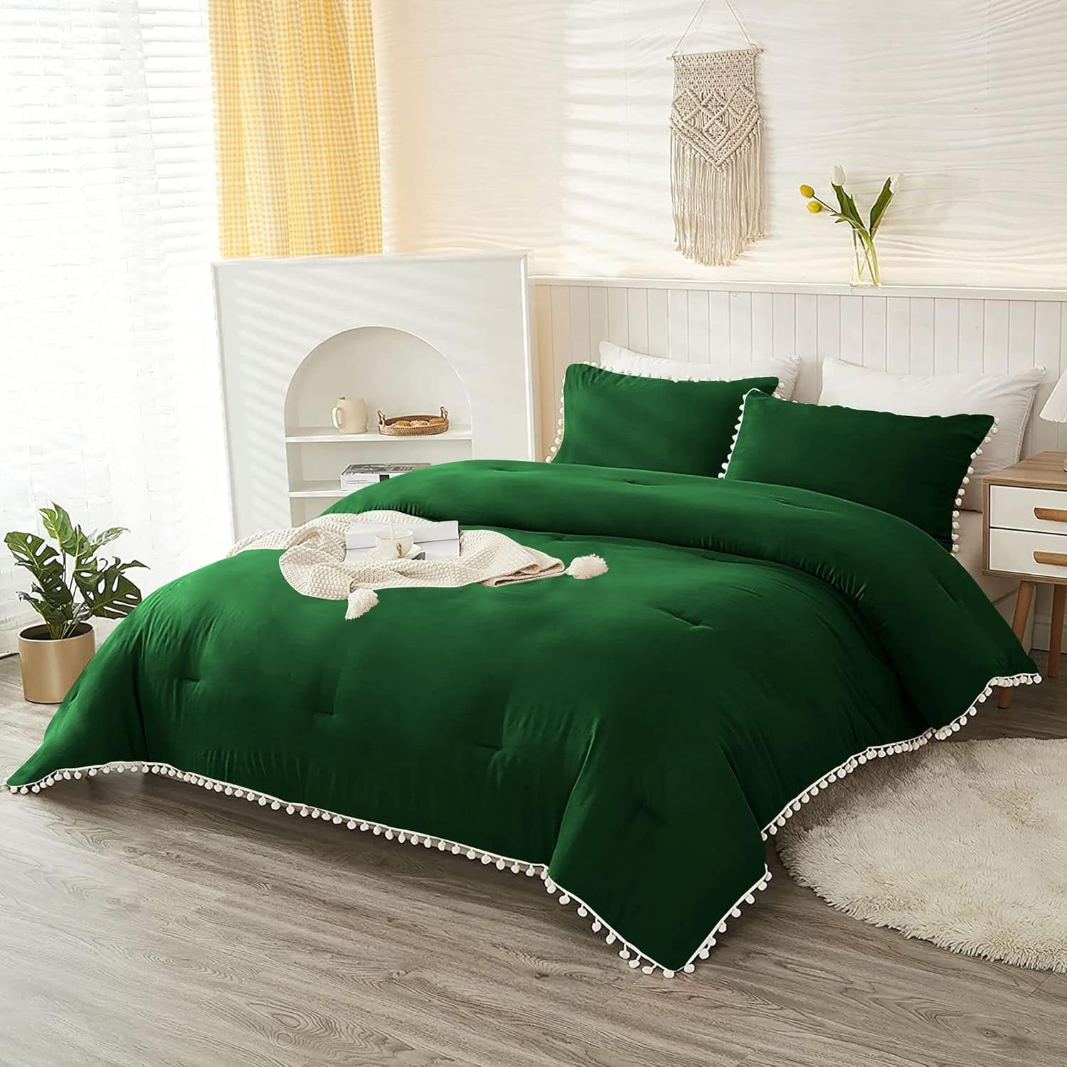 DNG Luxury 3 Piece Pom Pom Plain Pattern Comforter Set, 800 Thread ...