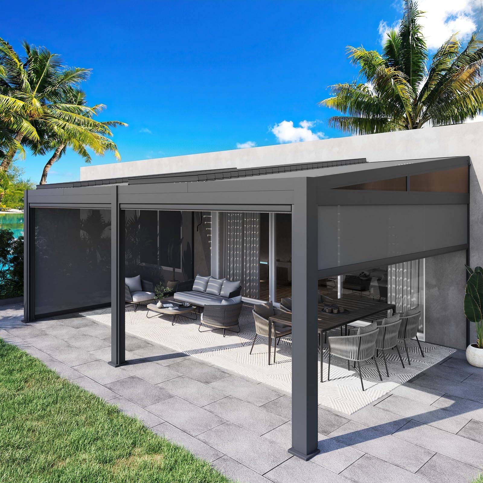 DNYKER Louvered Pergola with Screen 12x20, Wall-Mounted Adjustable ...