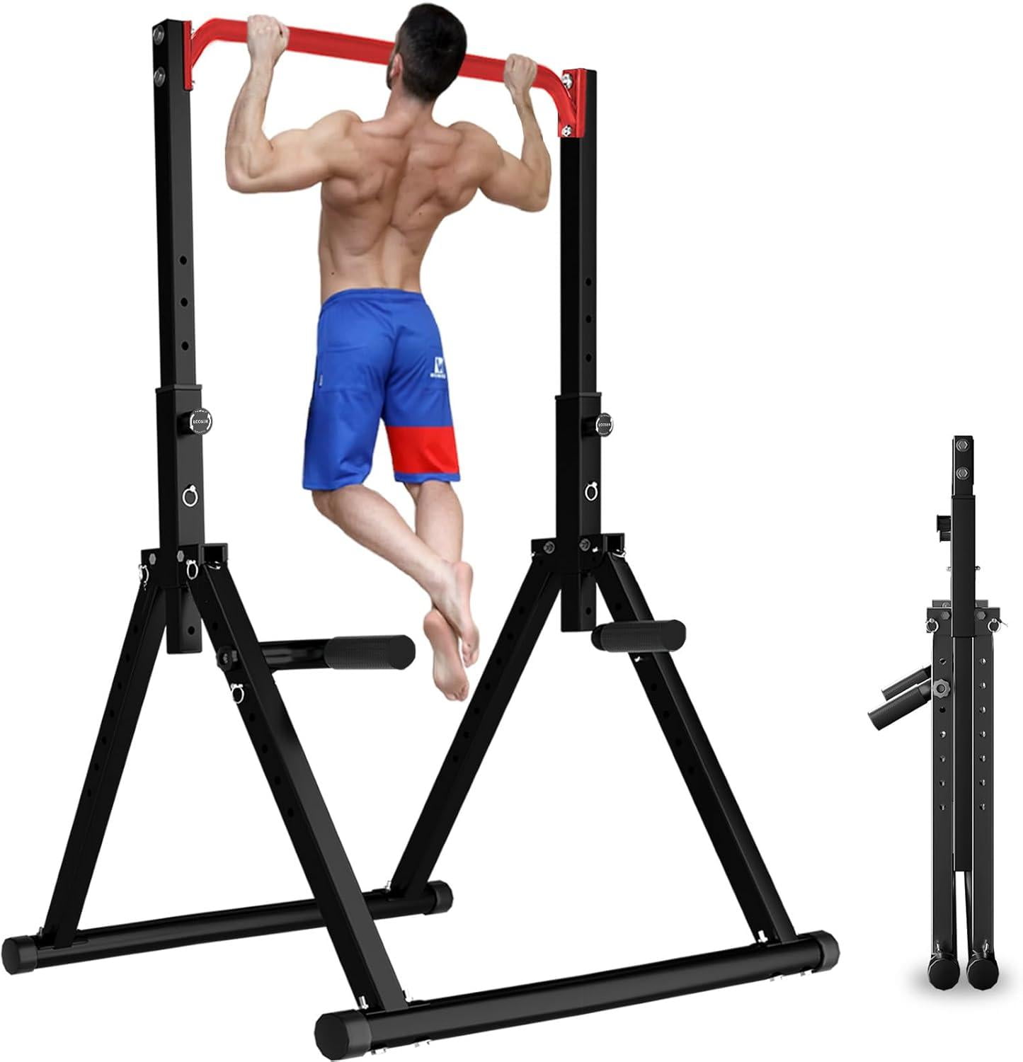 DOBESTS Foldable Power Tower Pull Up Bar Dip Station Adjustable ...