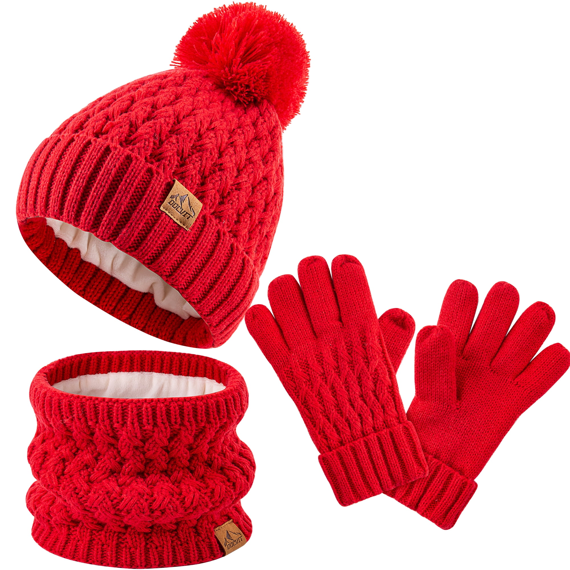 DOCVIT Unisex Kids Winter Beanie Hat, Gloves and Scarf Set, Acrylic, Red, 3-9 Years - Walmart.com