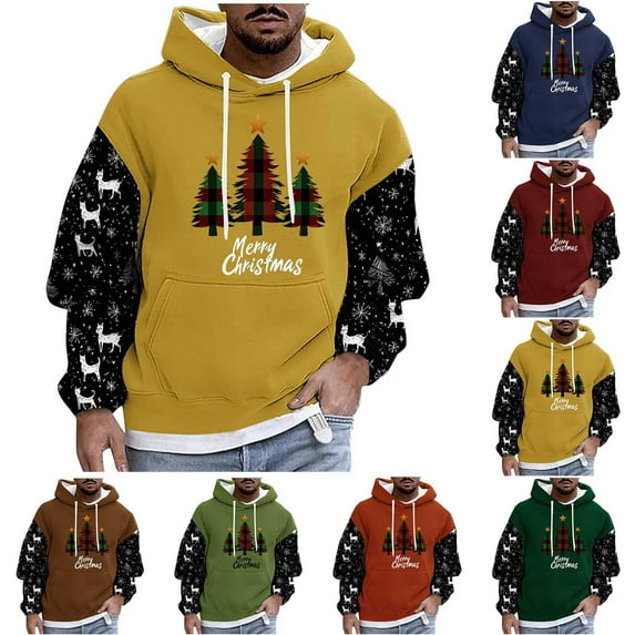 DODADAWANJ Christmas Hoodies for Men Xmas Tree Graphic Color Block ...