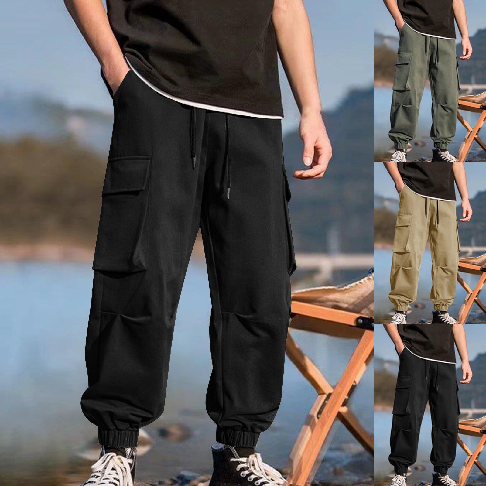 DODADAWANJ Cotton Cargo Pants for Men with Multi Pockets Wide Leg Sport ...