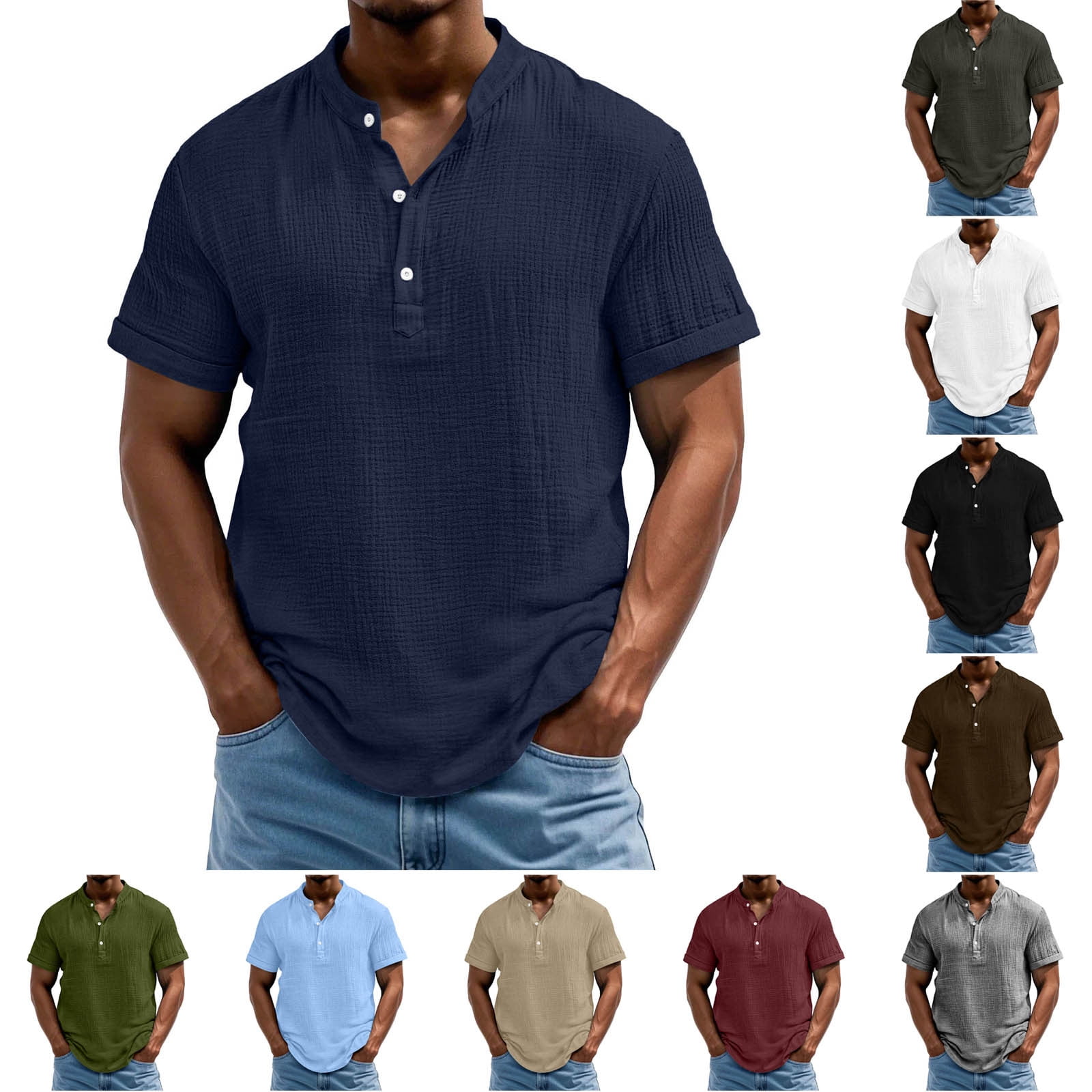 DODADAWANJ Cotton Linen Shirts for Men Casual Button Up Stand Collar T ...