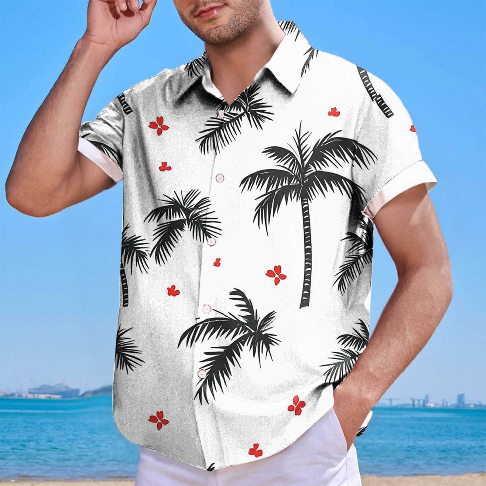 DODADAWANJ Hawaiian Palm Tree Pattern Shirt for Men Short Sleeve Casual Button Down Tshirts ...