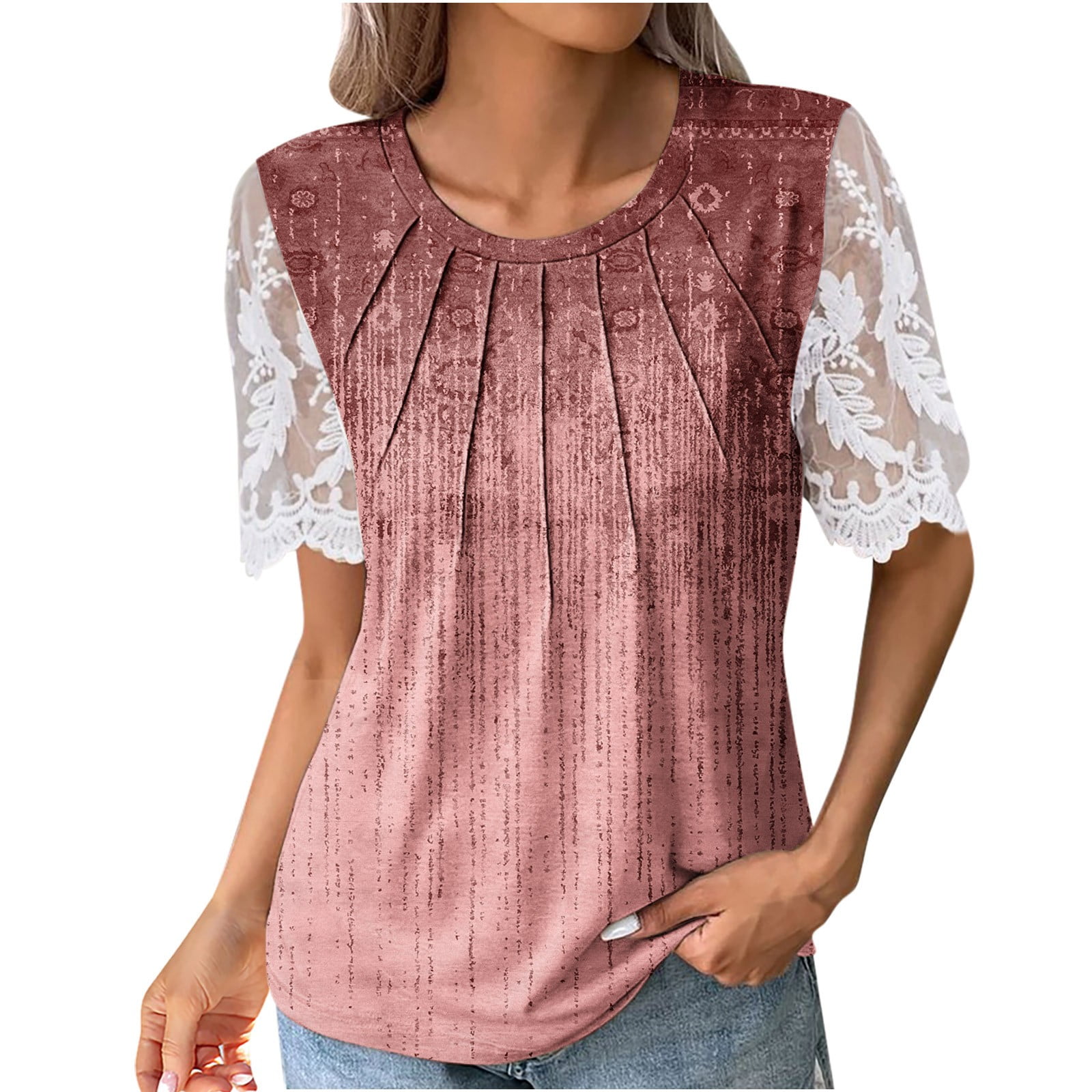 DODADAWANJ Lace Short Sleeve Blouse for Women Summer Casual Crew Neck ...