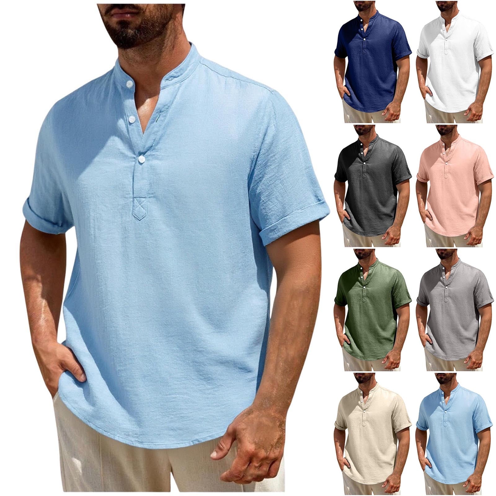 DODADAWANJ Mens Cotton Linen Shirts Casual Button Up Stand Collar Shirt ...