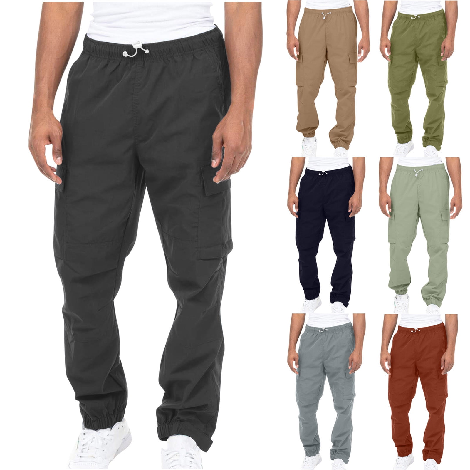 DODADAWANJ Mens Cotton Tactical Pants Quick Dry Cargo Pants Casual Drawstring Elastic Waist ...