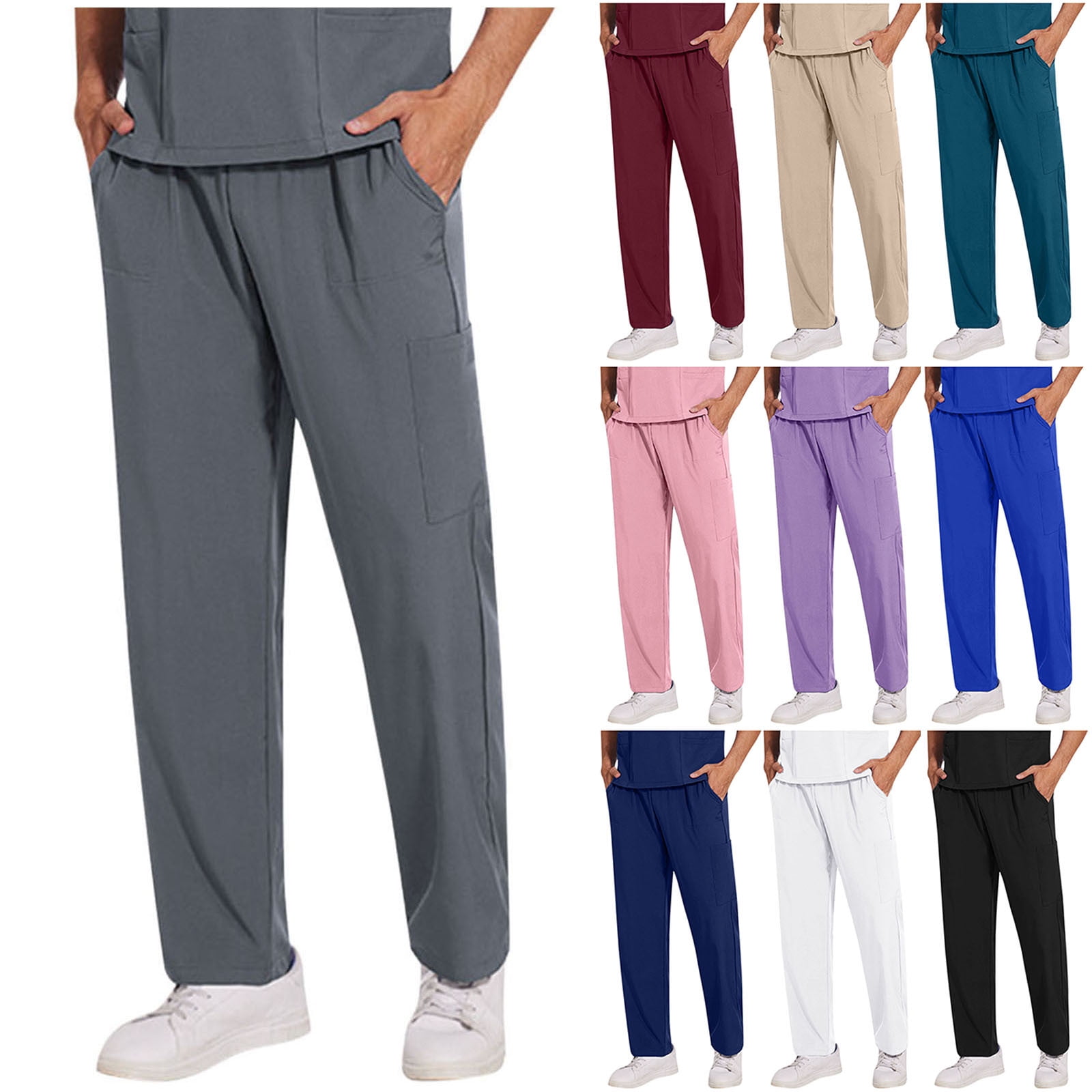 DODADAWANJ Nurse Pants for Men with Multi Pockets Elastic Waist Work ...