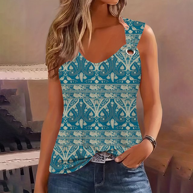 DODADAWANJ Women Vintage Print Tank Tops Summer 2024 Causal Sleeveless O-ring Strap Double ...