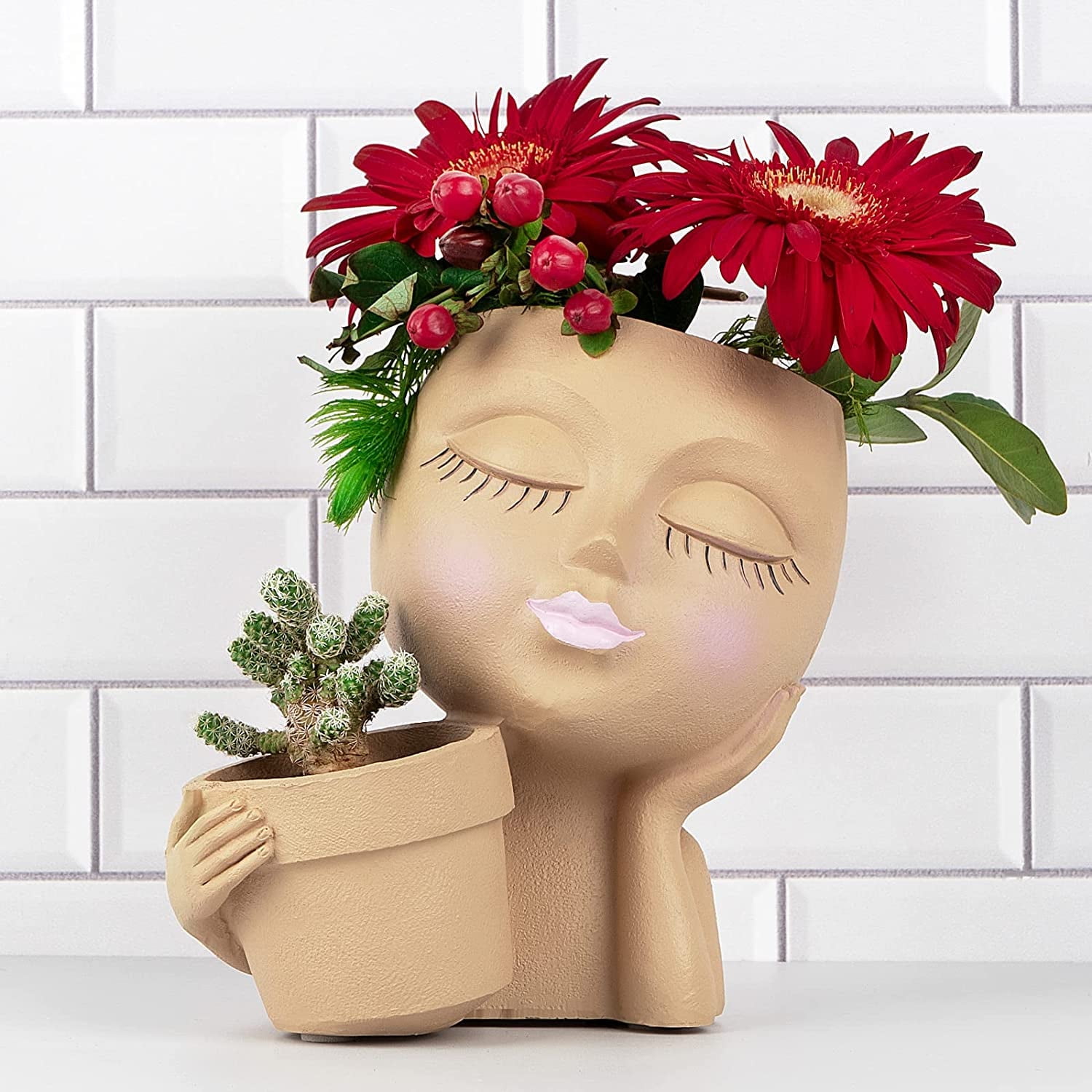 DODAMOUR Face Planter Pot, Resin Double Flower Pots with Drainage Hole ...