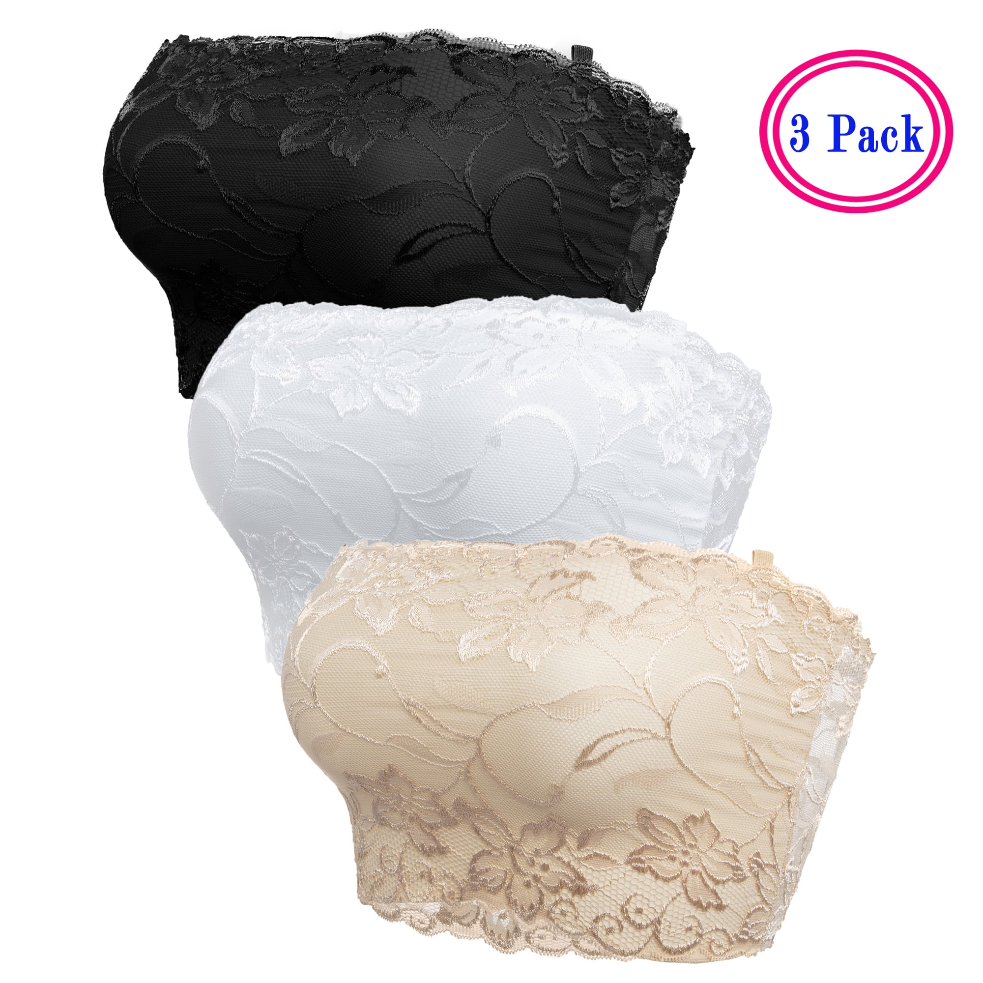 DODOING 3 Pieces Women's One Size Strapless Lace Bandeau Bra Seamless ...