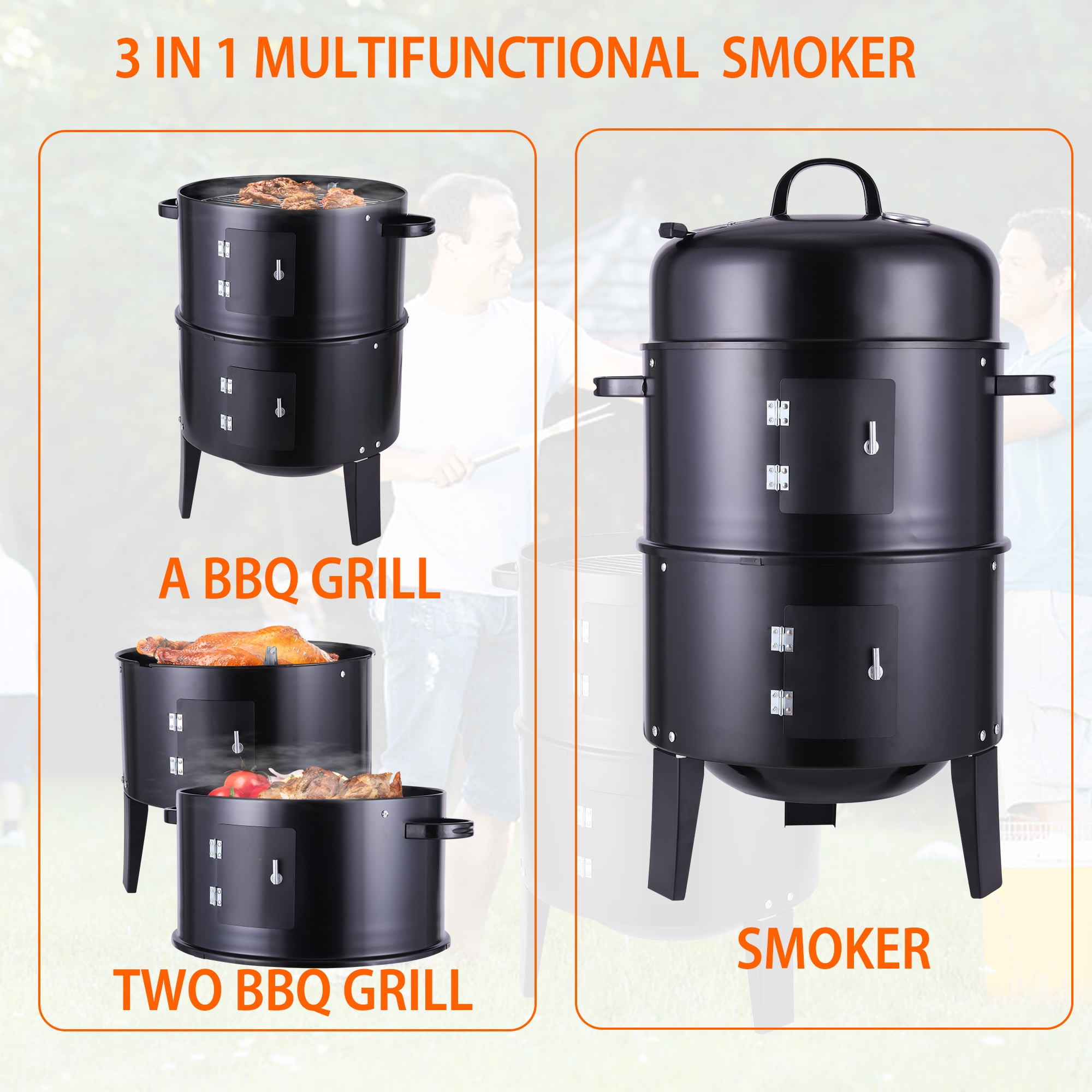 DODOING Vertical Charcoal BBQ Smoker, 3-in-1 Round Charcoal Barbecue ...