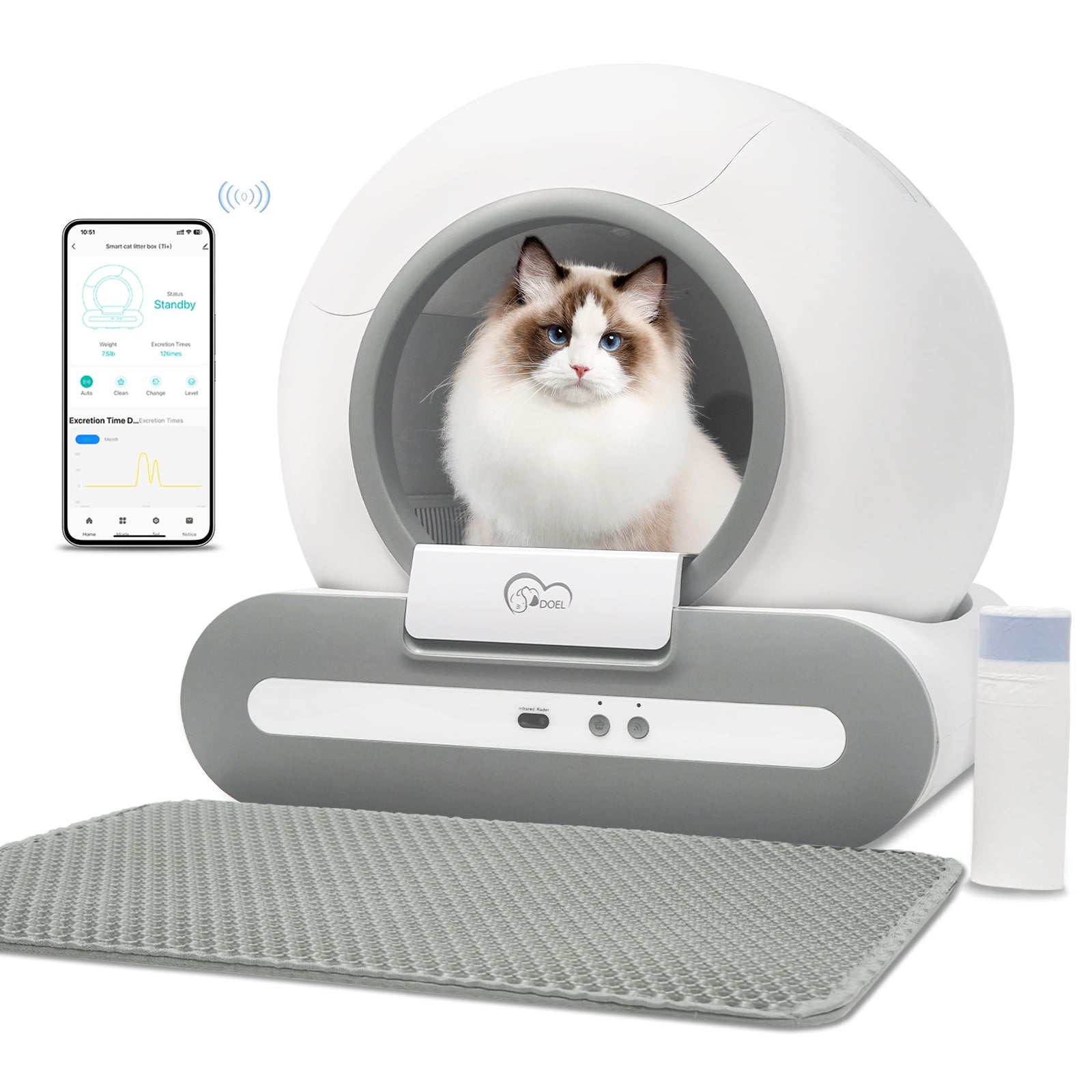 DOEL Auto Robot Cat Litter Box, 65L Smart Tray with App Control ...