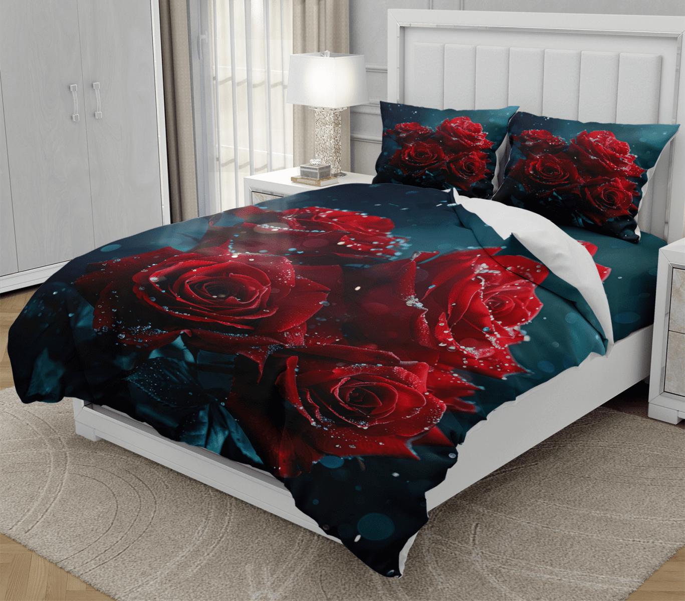 DOJLIO 3D Dewdrop Red Rose Printed Duvet Cover Bedding Sets Twin Size ...