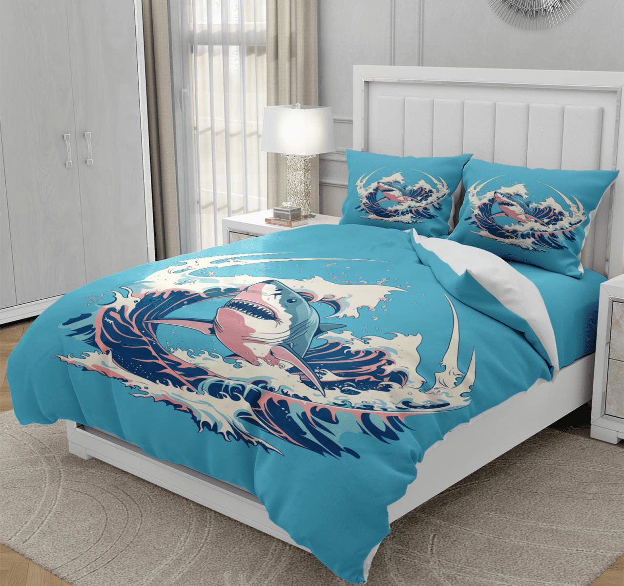 DOJLIO Blue Shark Bedspread Cover Full Size Fierce Shark Bed Duvet ...