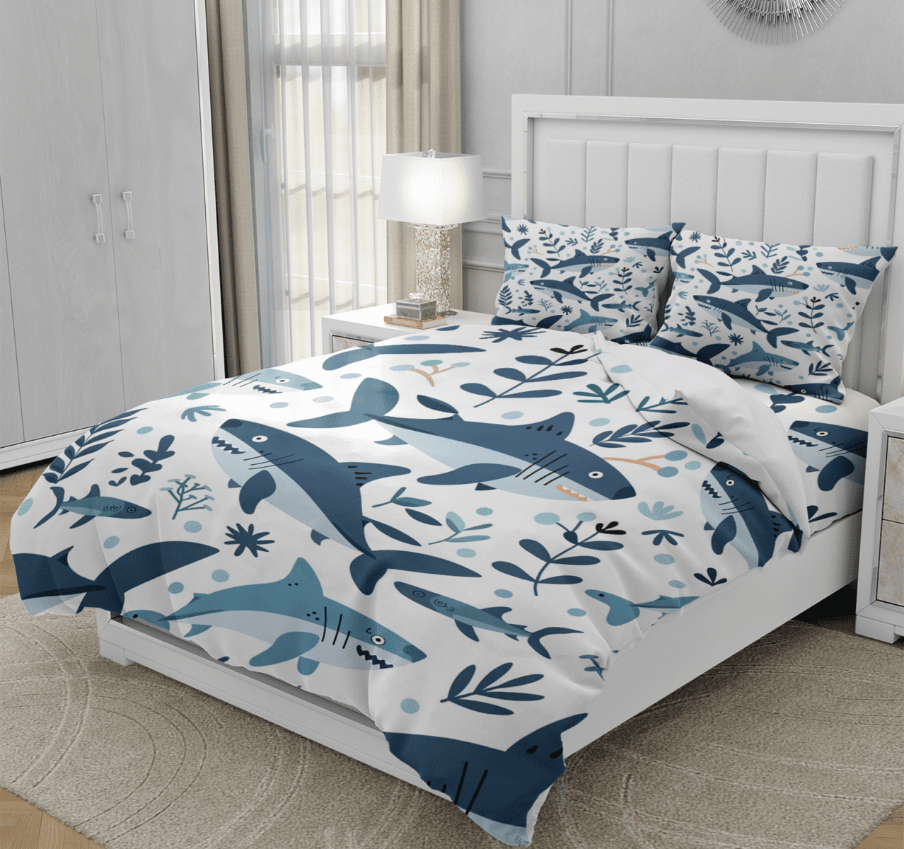 DOJLIO Cute Shark Bedspread Cover Twin Size Shark pattern Bedclothes ...