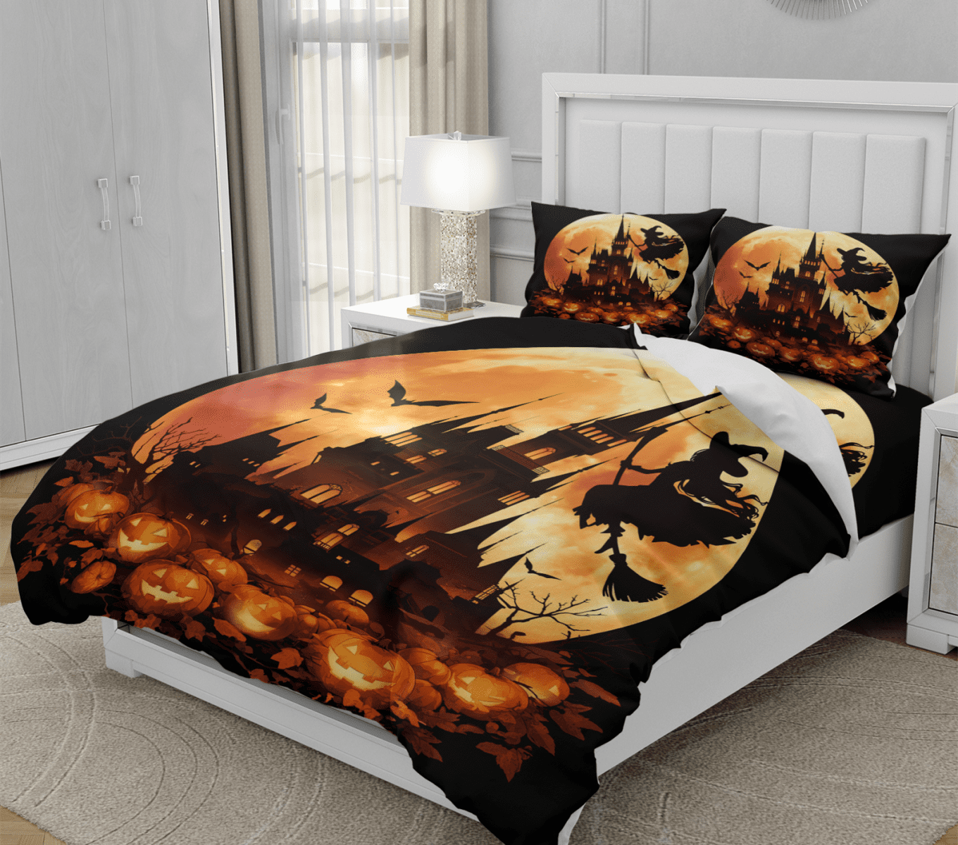 DOJLIO Halloween Witch Bedspread Cover Queen Size Witch Castle Duvet ...
