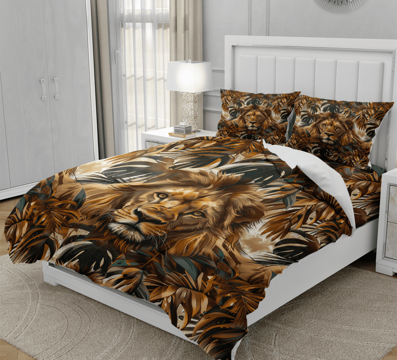 DOJLIO Jungle Lion Bedspread Cover Queen Size Leaf and Lion Comforter ...