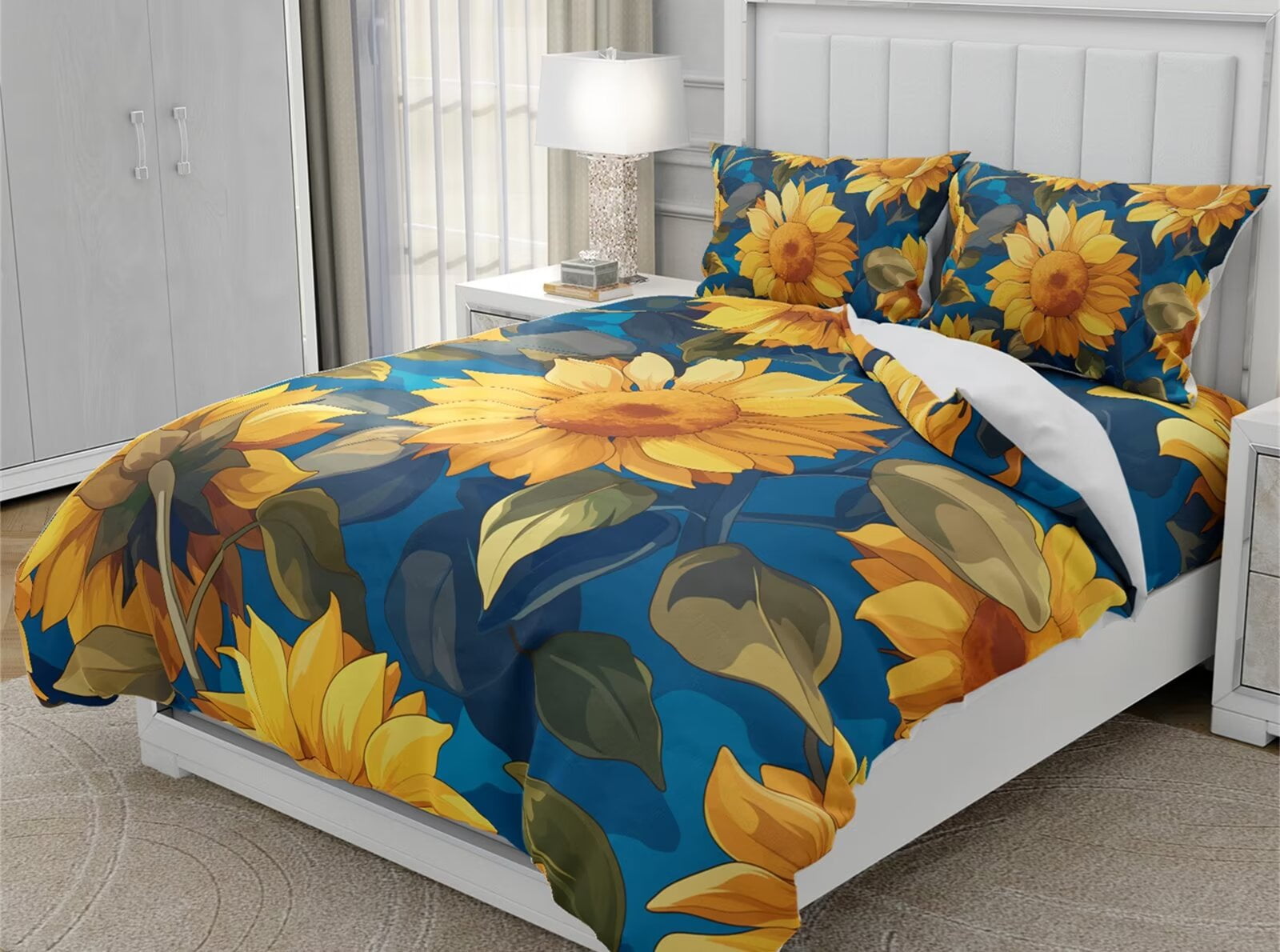DOJLIO King Size Dark Blue Canvas Bedding Sets 3D Anime Sunflower ...