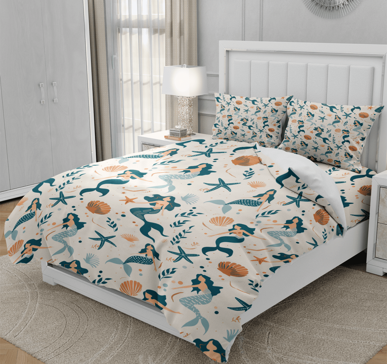 DOJLIO Mermaids Bedspread Cover Queen Size Shells and Starfish Bed ...