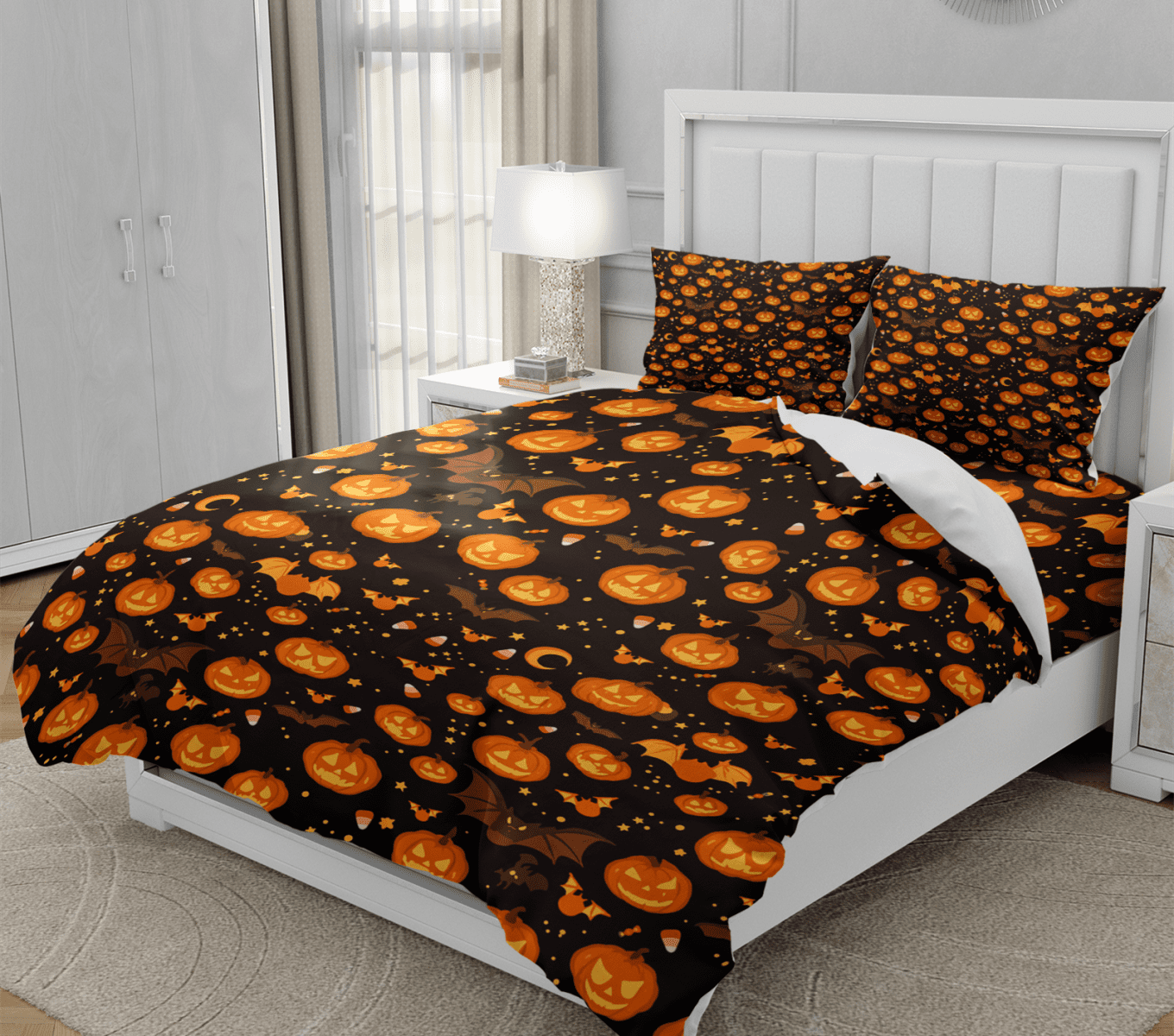 DOJLIO Orange Pumpkin Bedspread Cover Queen Size Halloween Eve Bedding ...