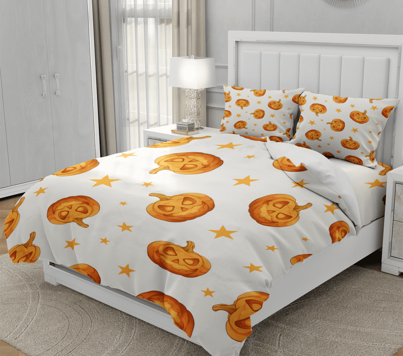 DOJLIO Pumpkin and Star Bedspread Cover Full Size Scary Pumpkin Head ...
