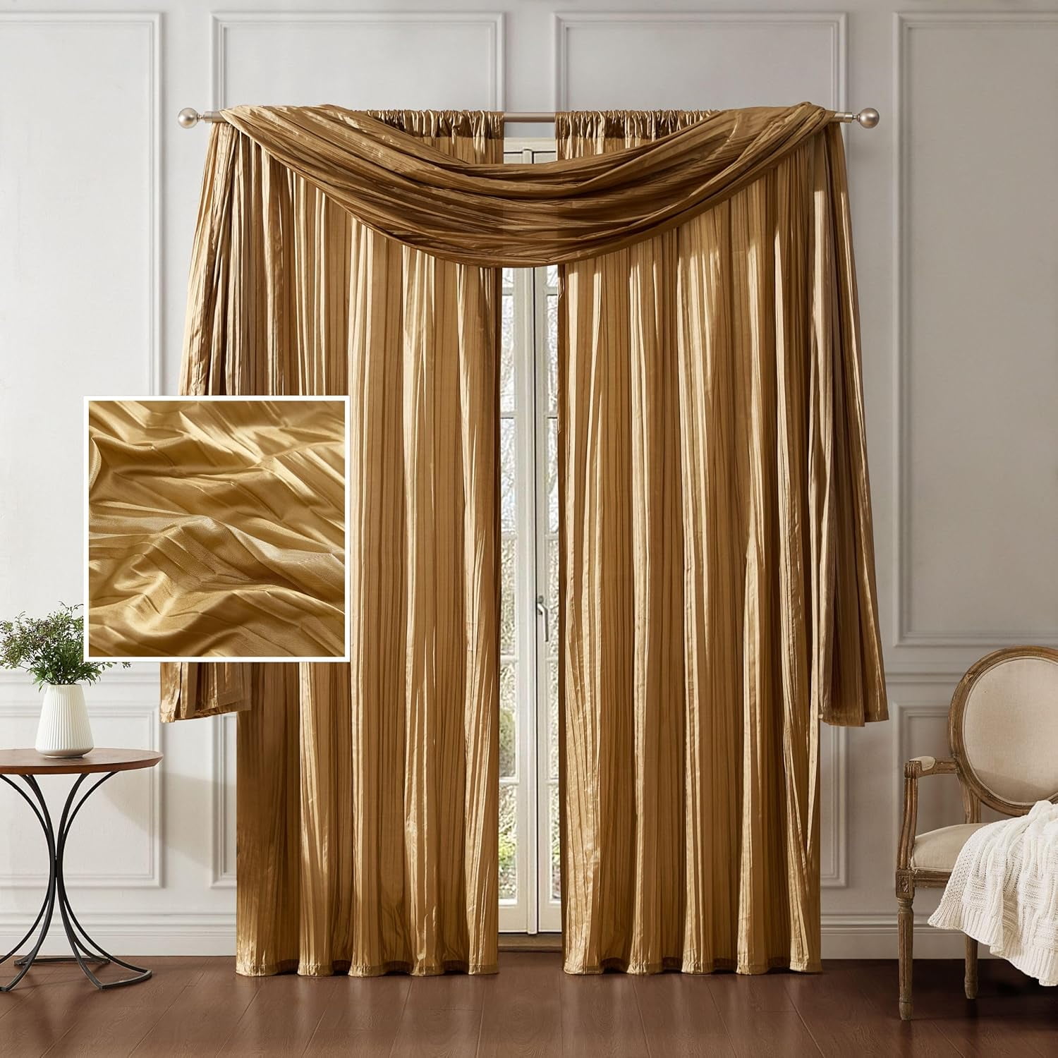 DOKIRO-Athena Faux Crushed-Silk Window Curtain Panel and Valance Set ...