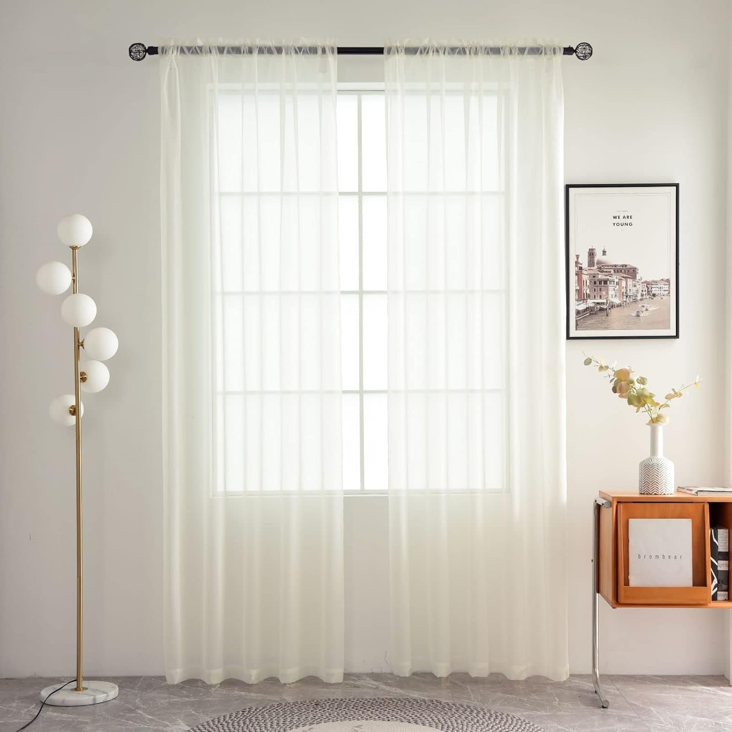 DOKIRO-Basic Rod Pocket Sheer Voile Window Curtain Panels White 1 Pair ...