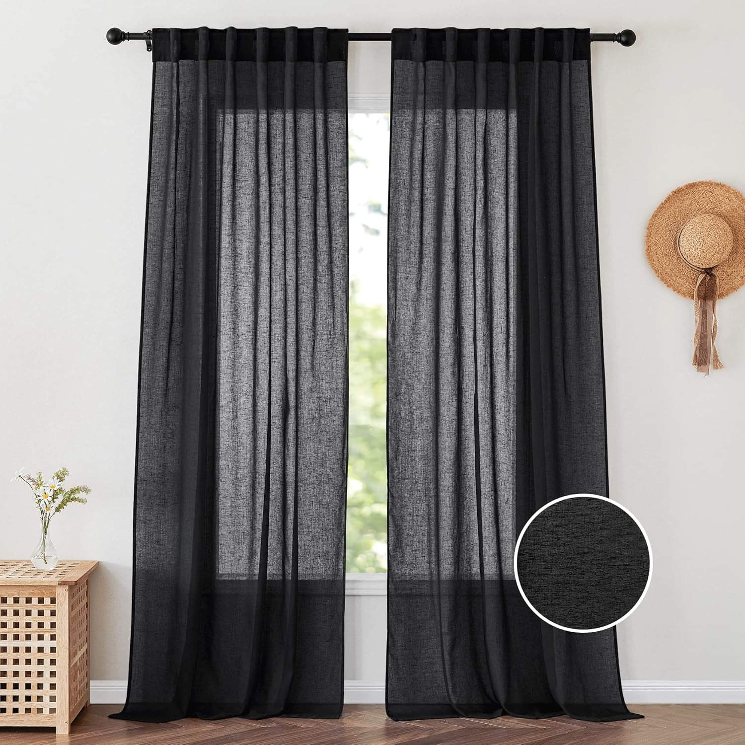 DOKIRO-Black Linen Curtains - Light Filter Curtain Panels Faux Linen ...