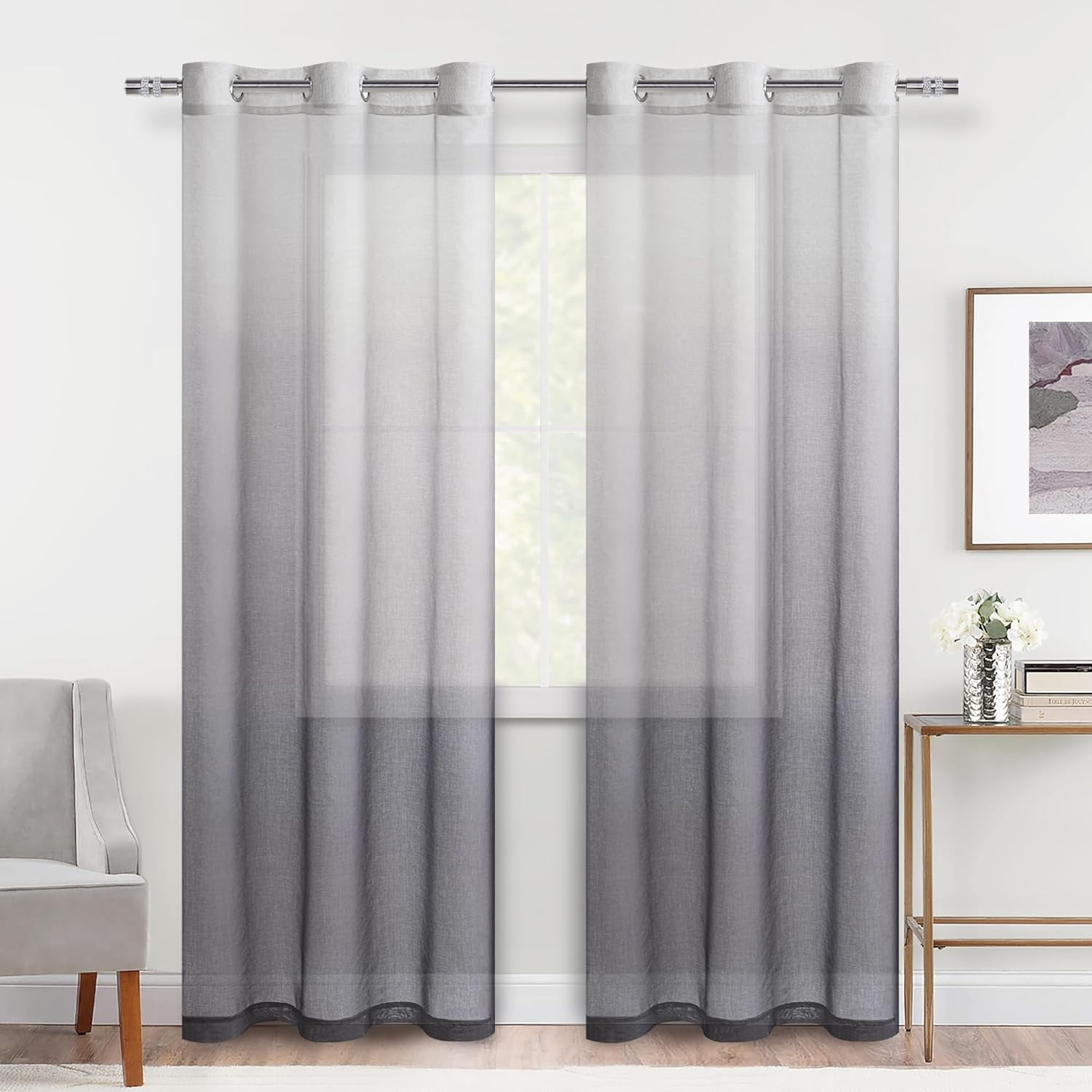 DOKIRO-Faux Linen Grey Ombre Sheer Curtains - Gradient Semi Voile Grommet Top Window Curtains ...