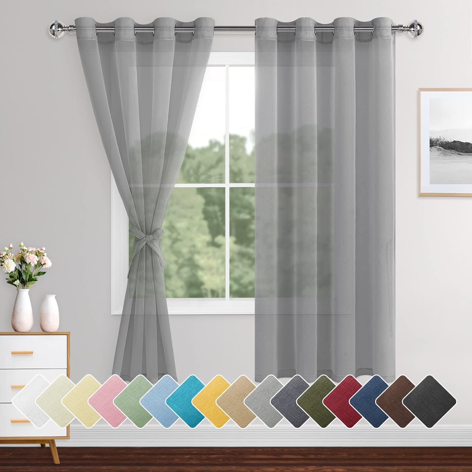 DOKIRO-Grey Sheer Curtains for Bedroom, Light Filtering Semi Transparent Privacy Voile Textured ...