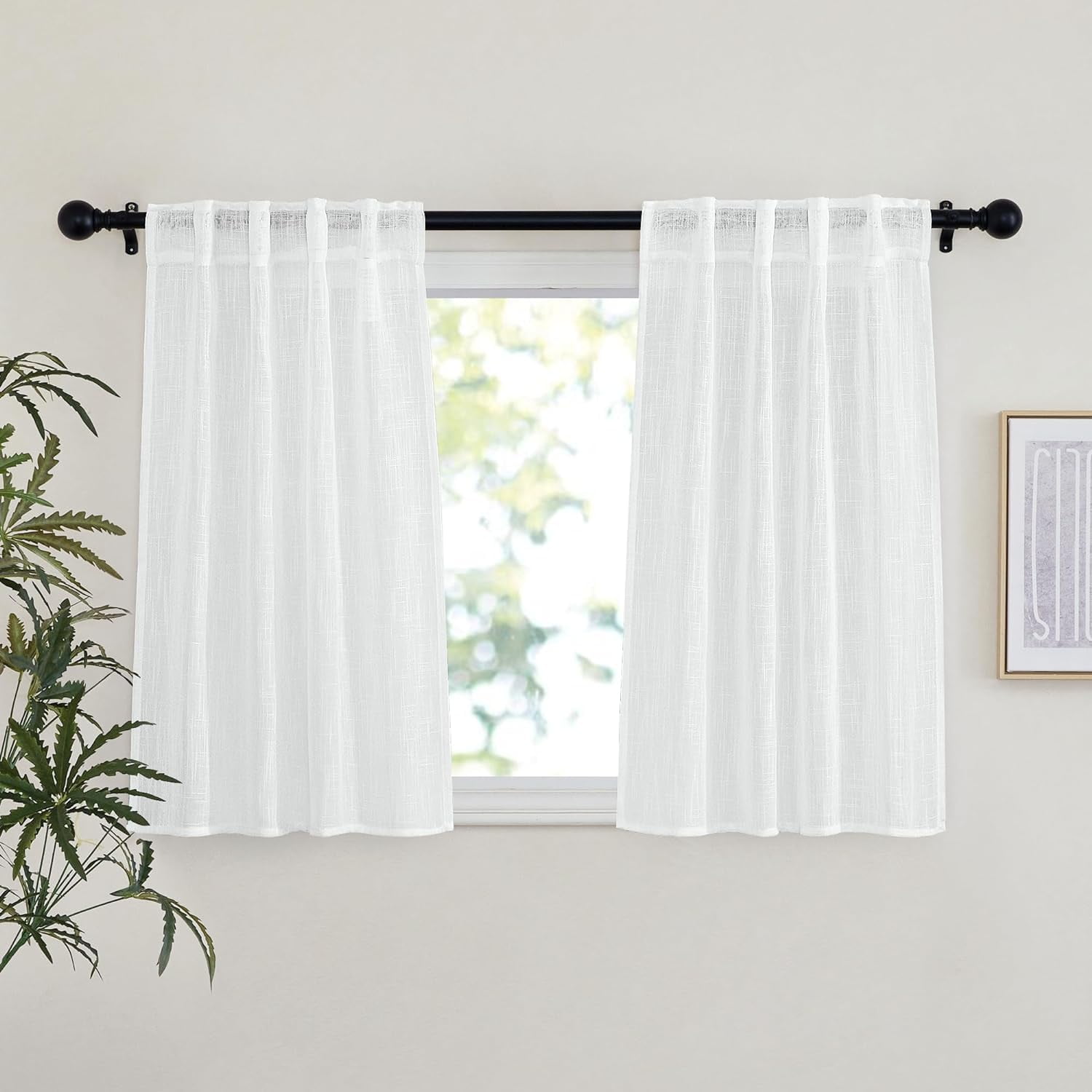 DOKIRO-White Semi Sheer Linen Kitchen Curtains 36 inch Length, Rod ...
