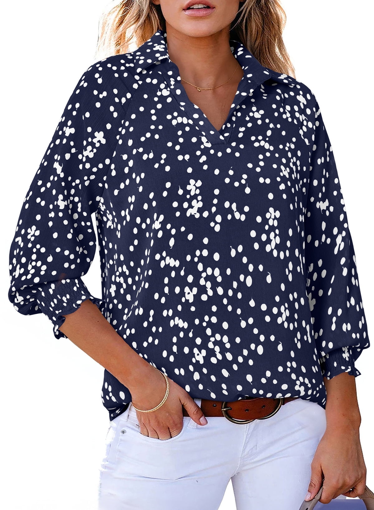 DOKOTOO Blouses for Women Dressy Casual Puff Long Sleeve V Neck Tunic ...