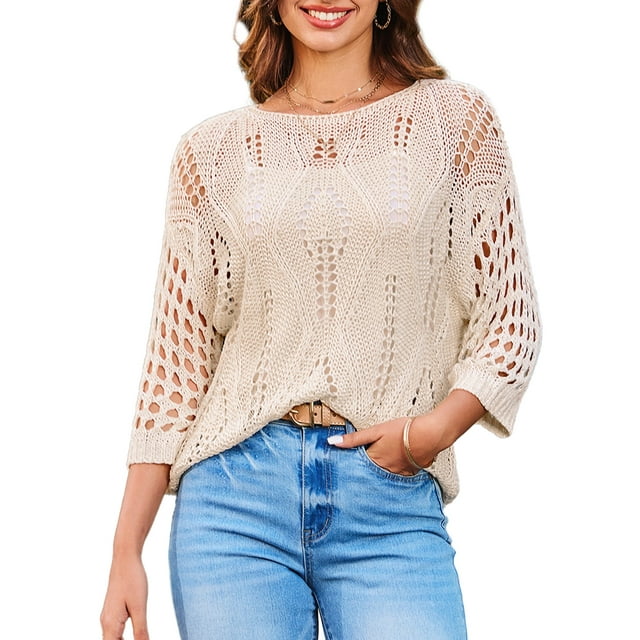 DOKOTOO Hollow Out Tops for Women Summer 3/4 Sleeve Knit Tops ...