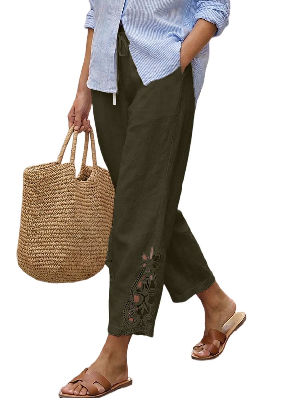 DOKOTOO Women's Cotton Pants, Lightweight Casual Drawstring Pants ...