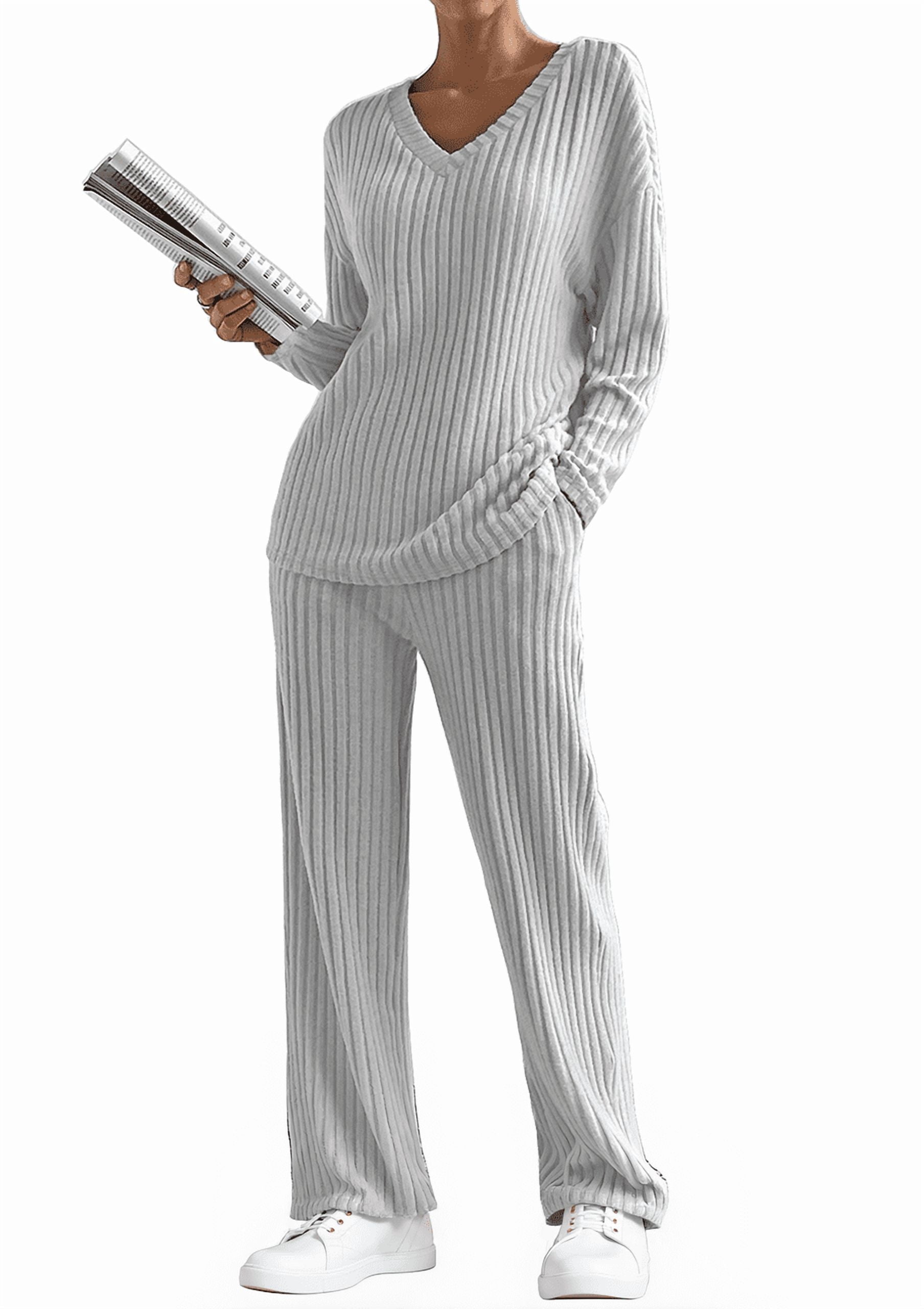 DOKOTOO Woman 2PCS Loungewear Outfits Long Sleeve Ribbed Knit Pajama ...