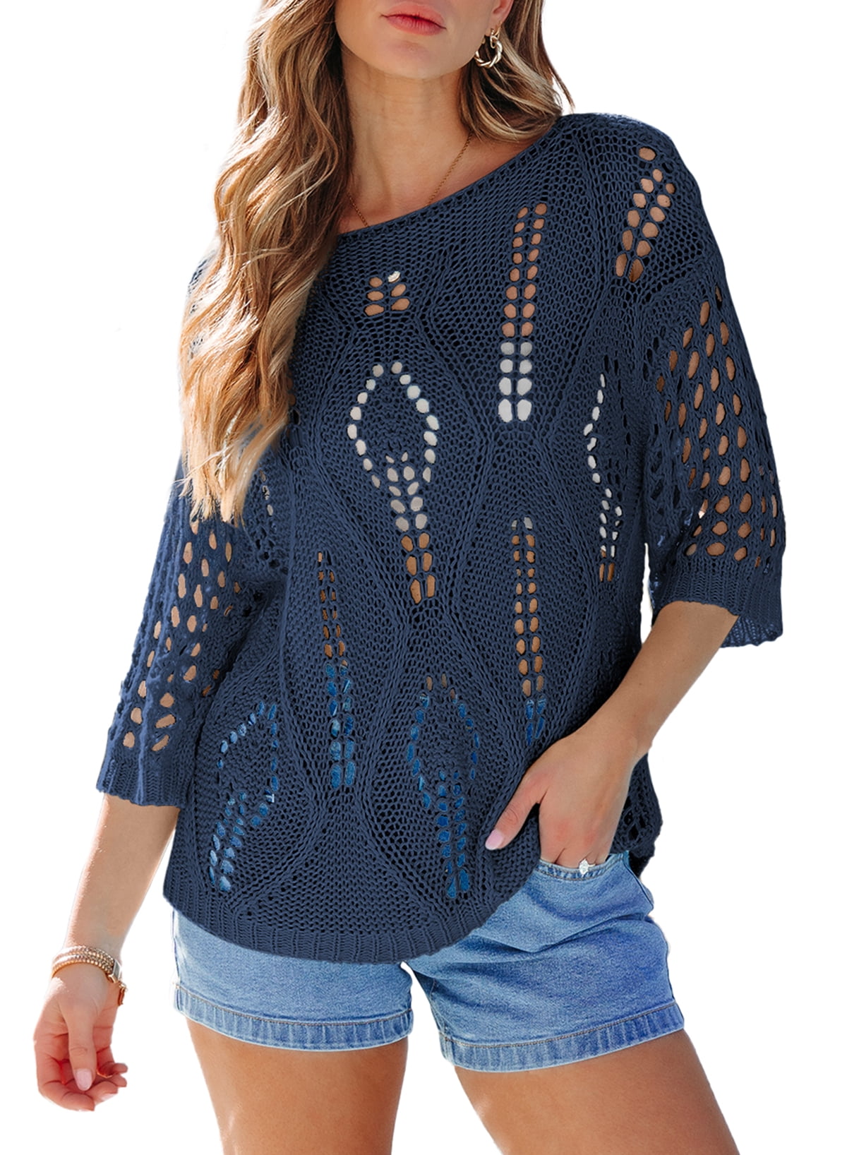 DOKOTOO Women's Crochet Tops Summer 3/4 Sleeve Crew Neck Hollow Out ...