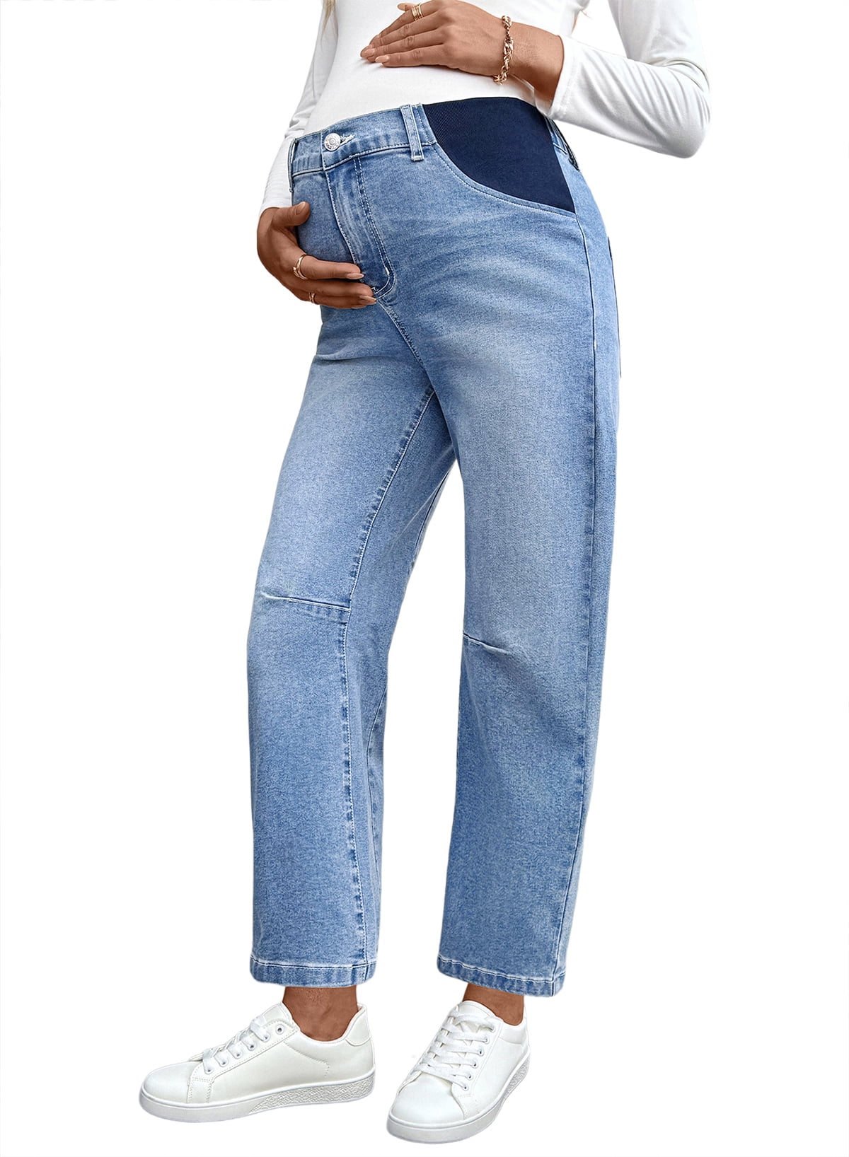 DOKOTOO Women's Maternity Jeans Elastic Waist Baggy Barrel Jeans Side ...