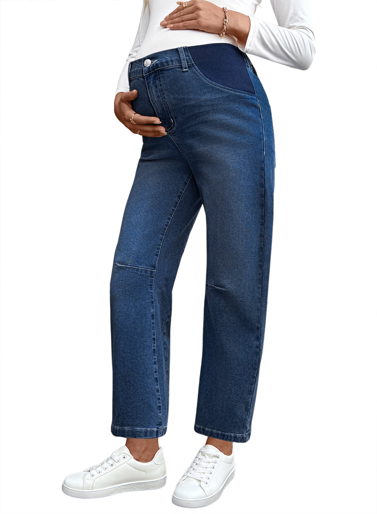 DOKOTOO Women's Maternity Jeans Elastic Waist Baggy Barrel Jeans Side ...