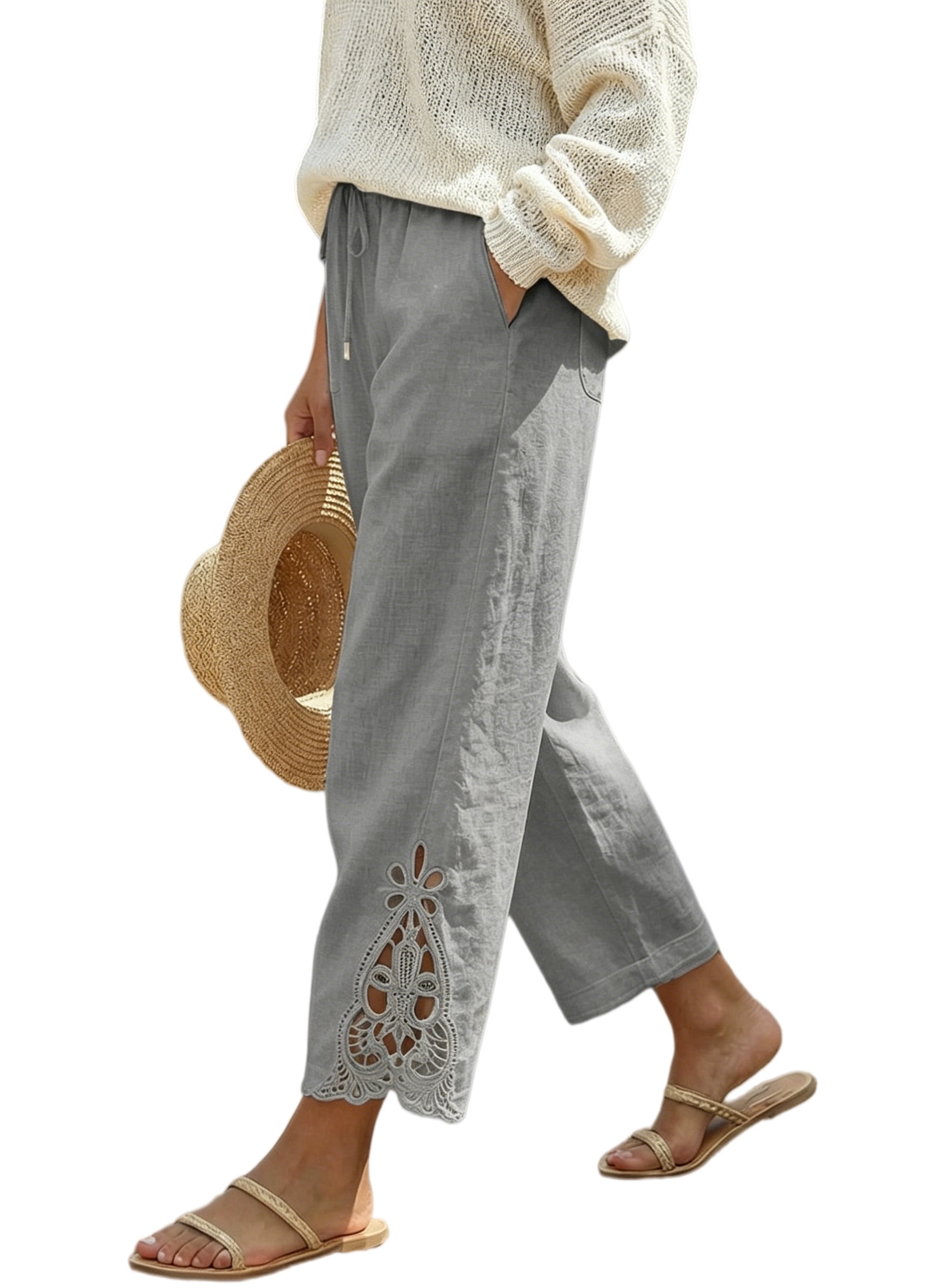 DOKOTOO Women's Lightweight Cotton Pants, Elastic Waist, Drawstring ...