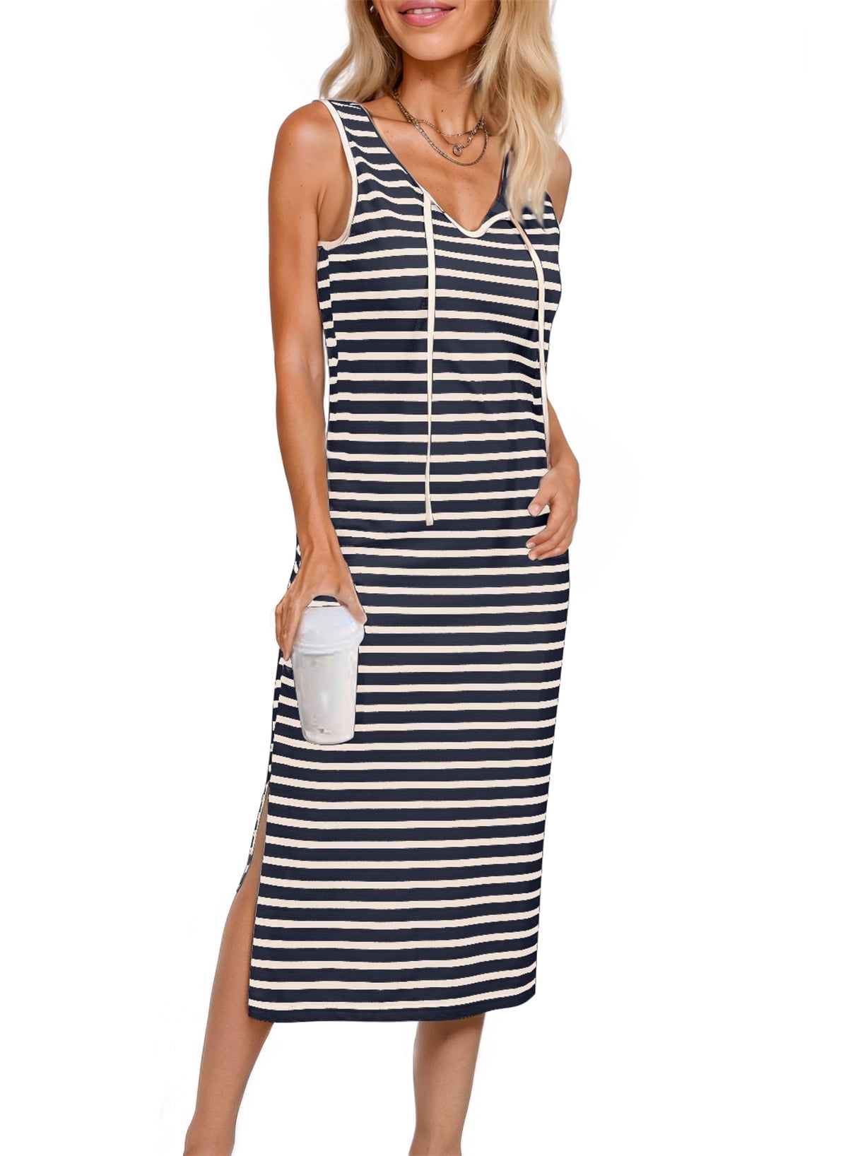 DOKOTOO Women's Sleeveless V Neck Side Split Tank Dress-Summer Vacation ...