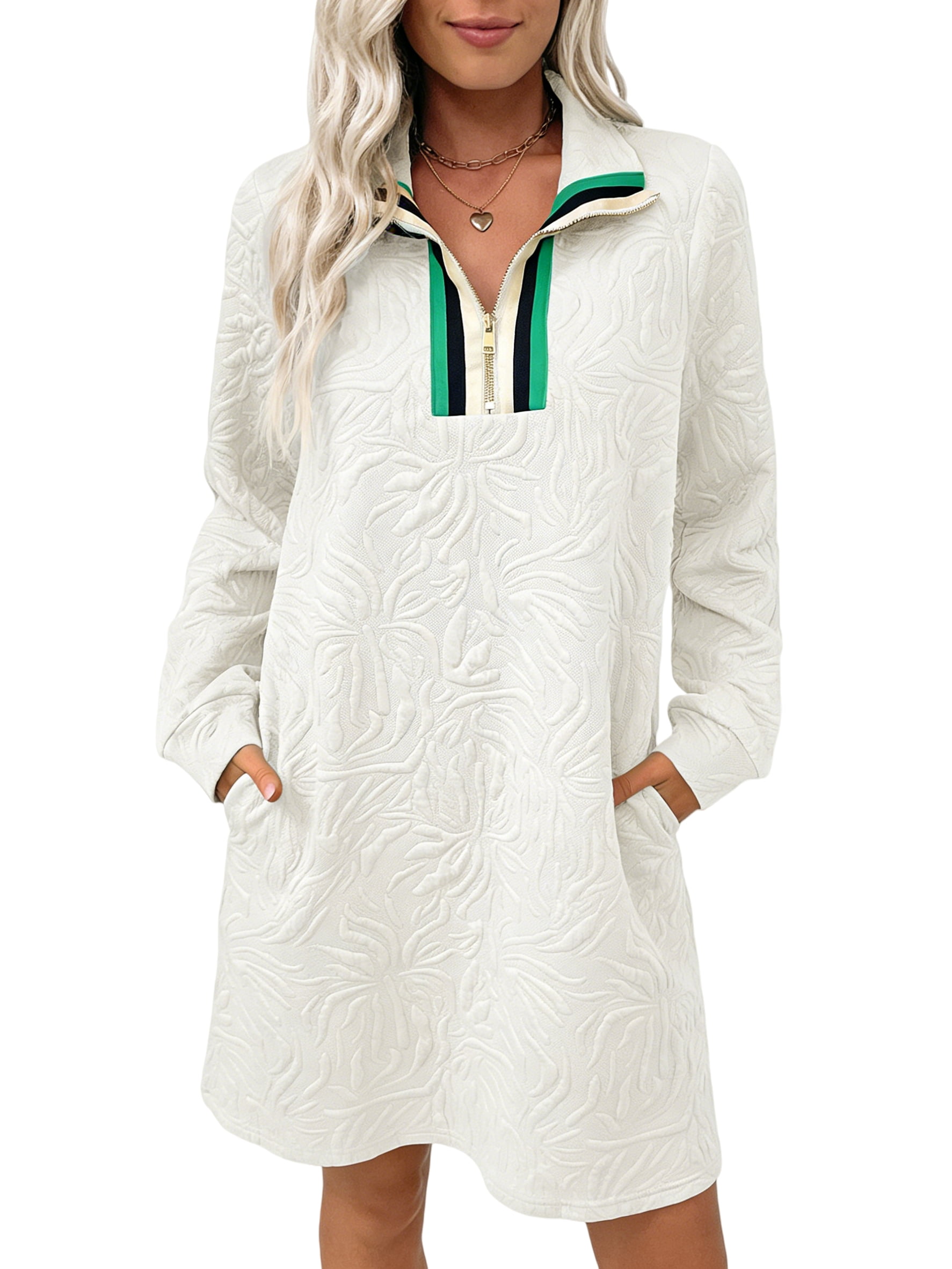 DOKOTOO Women's Mini Dress Zip Up Stand Neck Embossed Floral Pattern ...