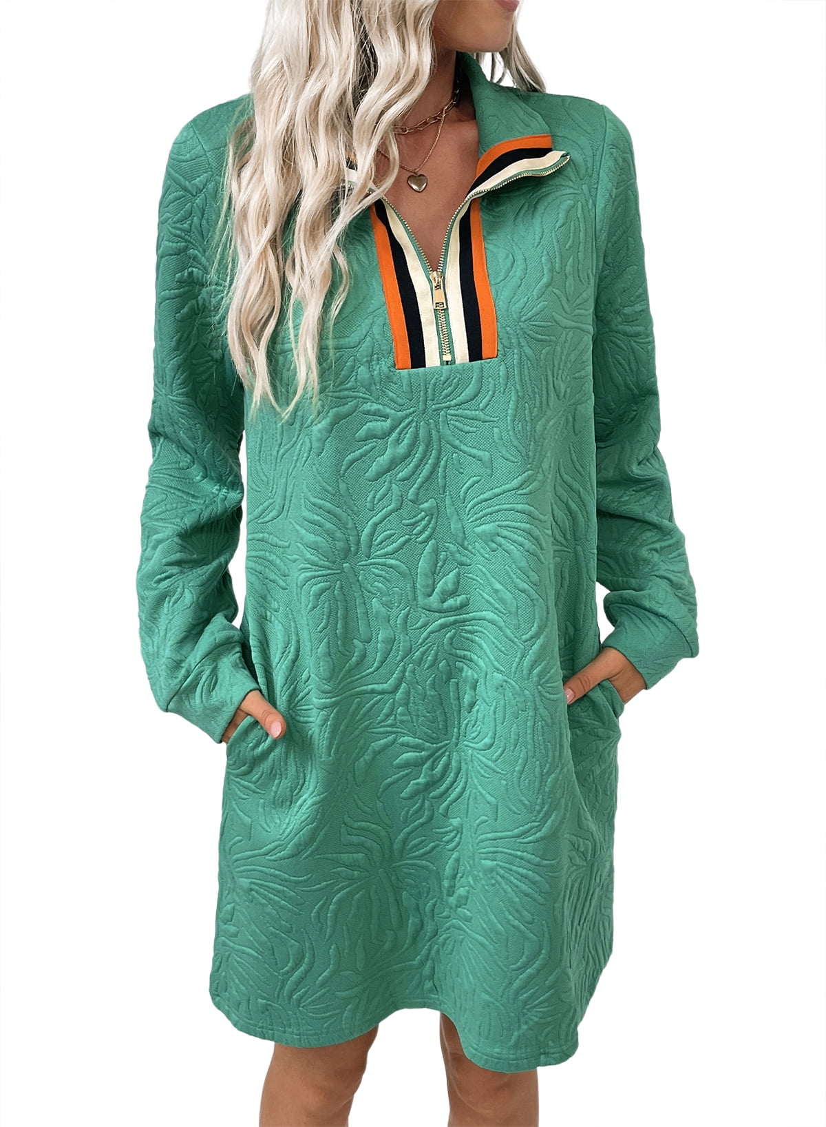 DOKOTOO Women's Mini Dress Half Zip Striped Collar Embossed Floral Long ...