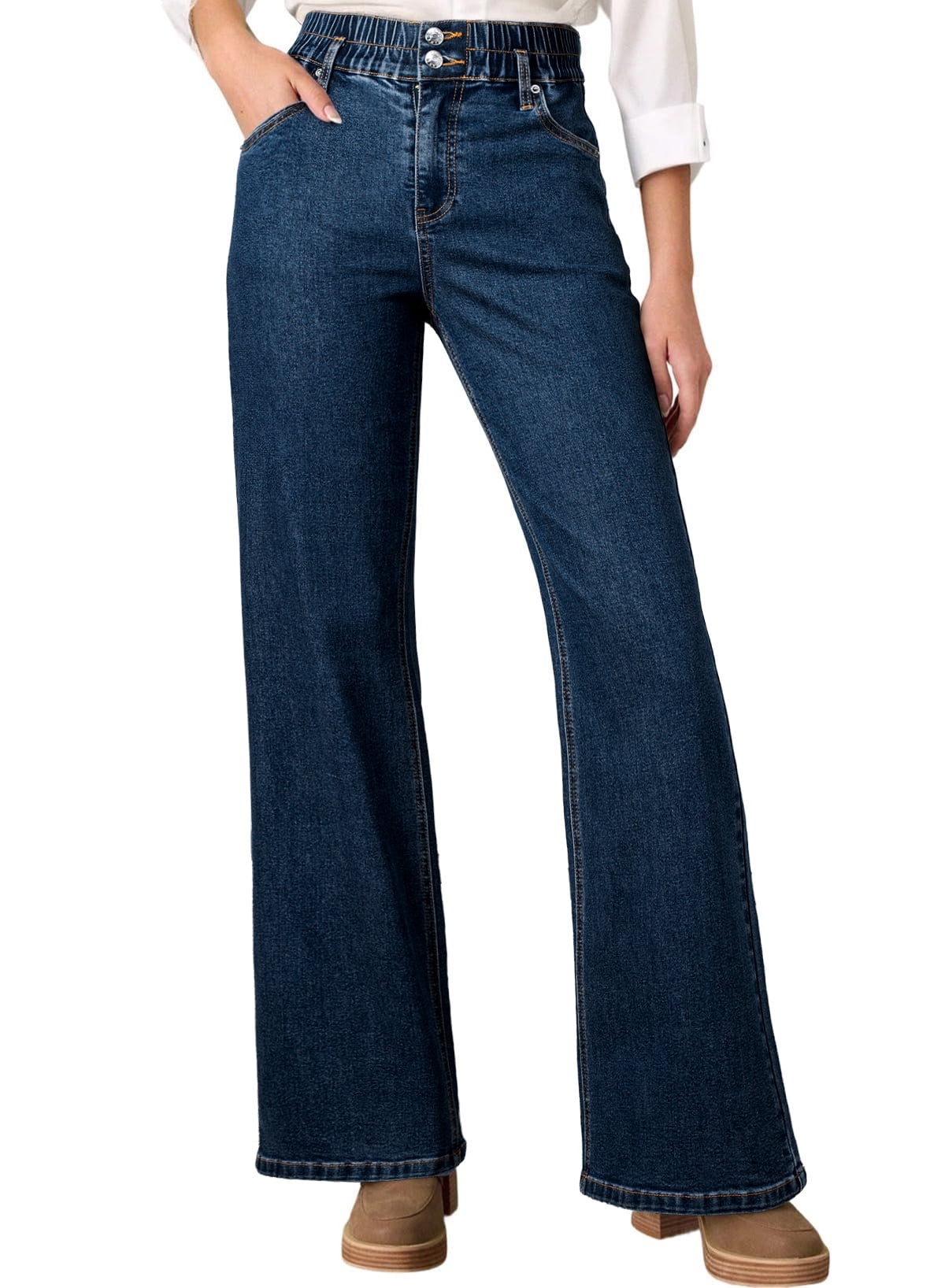 DOKOTOO Women's Wide Leg Jeans High Waist Elastic Waistband Denim ...