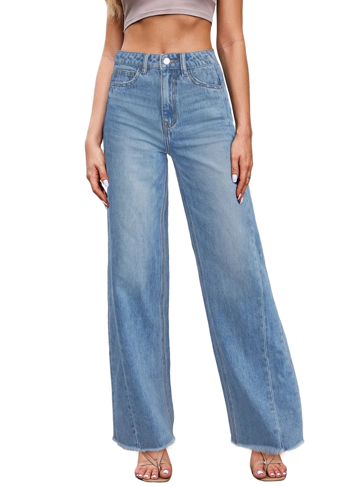 DOKOTOO Women's Wide Leg Jeans High Waisted Strechy Raw Hem Frayed Hem ...