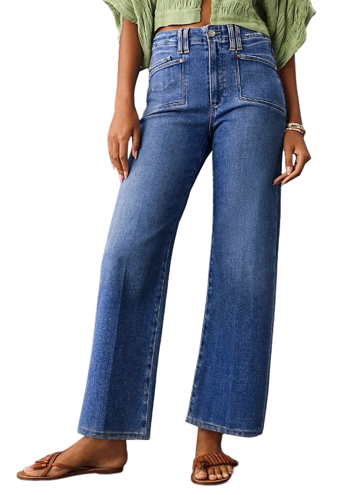 DOKOTOO Women's Denim Pants with Big Pockets High Waist Wide Leg ...