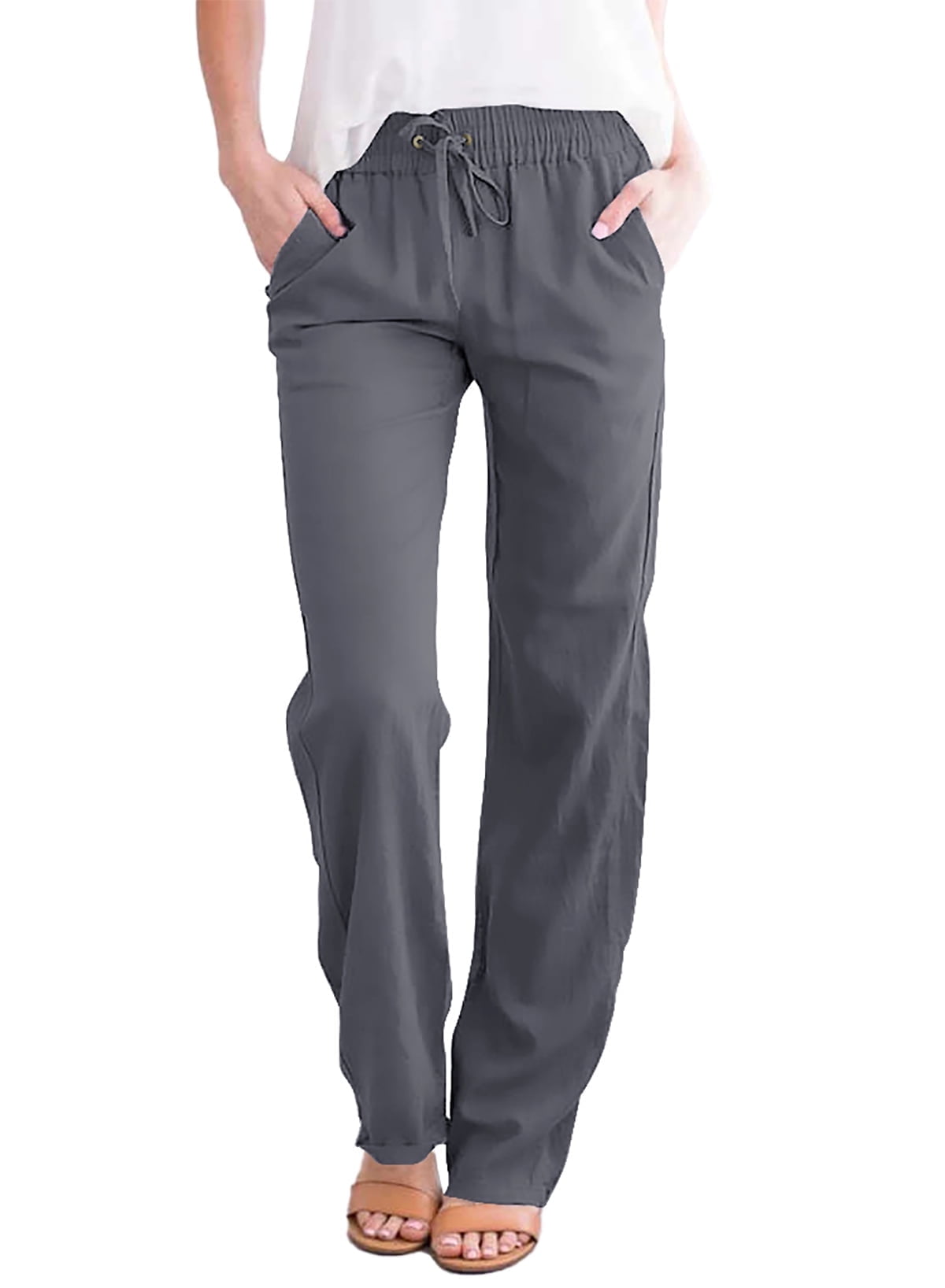 DOKOTOO Womens Casual Cotton Pants with Drawstring Elastic Waist ...